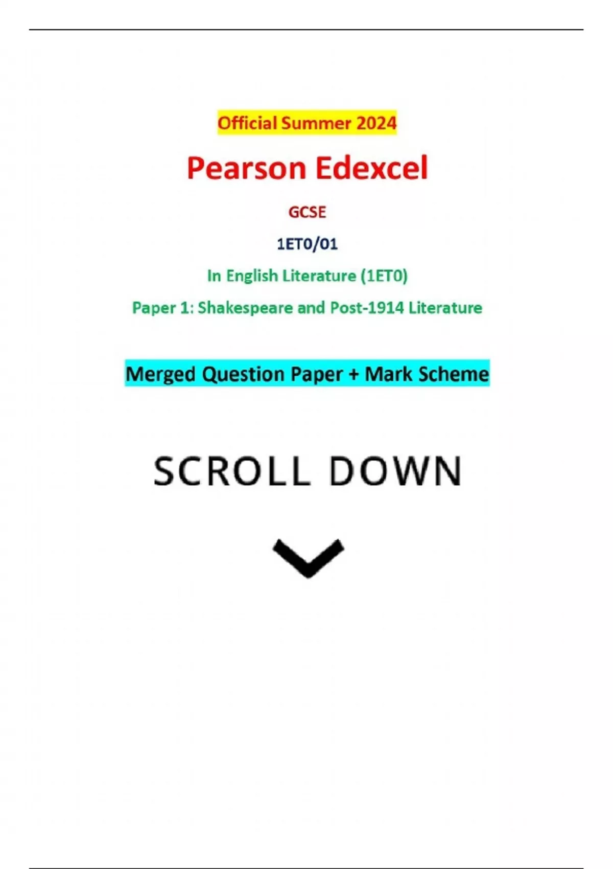 Official Summer 2024 Pearson Edexcel GCSE 1ET0/01 In English Literature ...