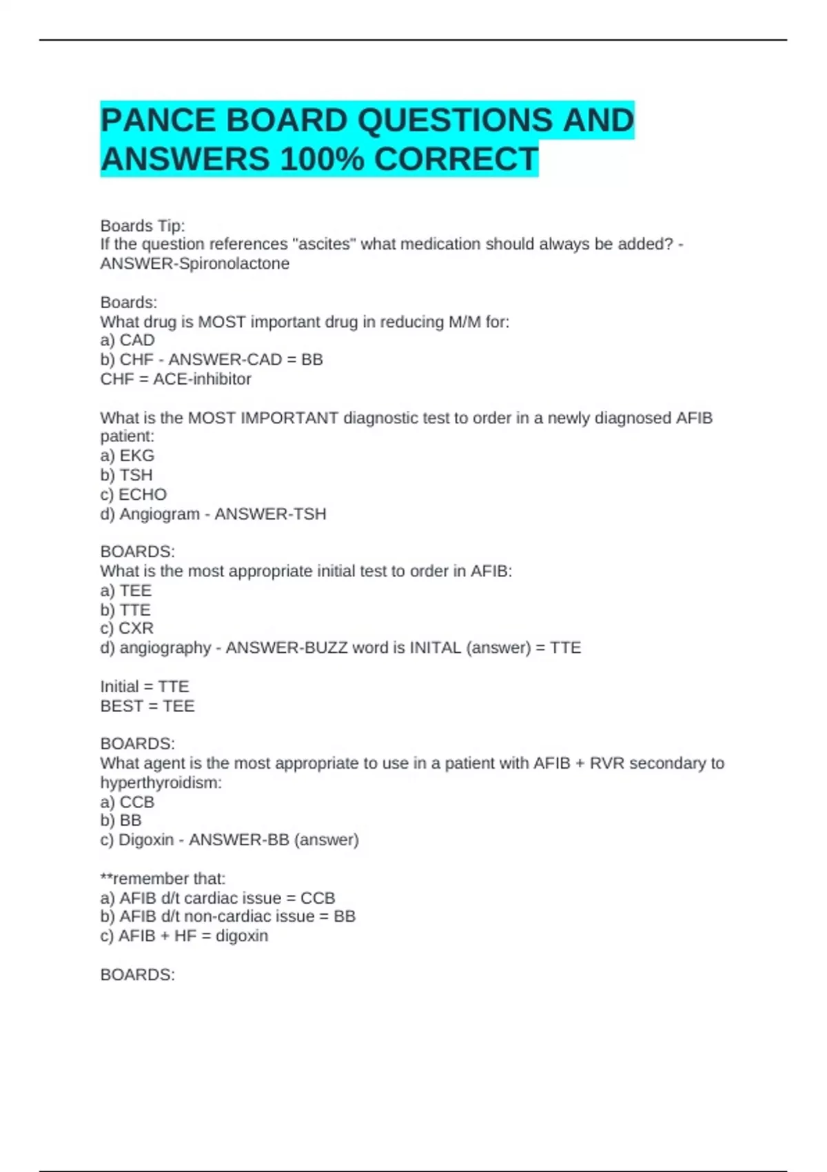 PANCE BOARD QUESTIONS AND ANSWERS 100% CORRECT - PANCE BOARD - Stuvia US