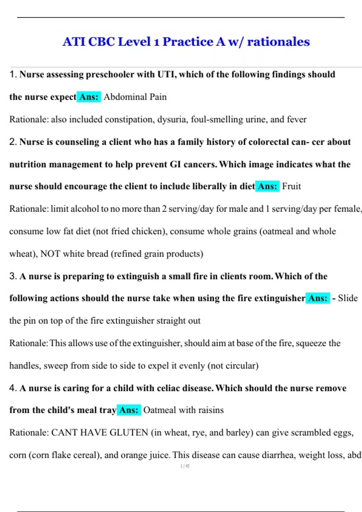 ATI Concept-Based Assessment Level 1 – Practice A with Rationales and ...