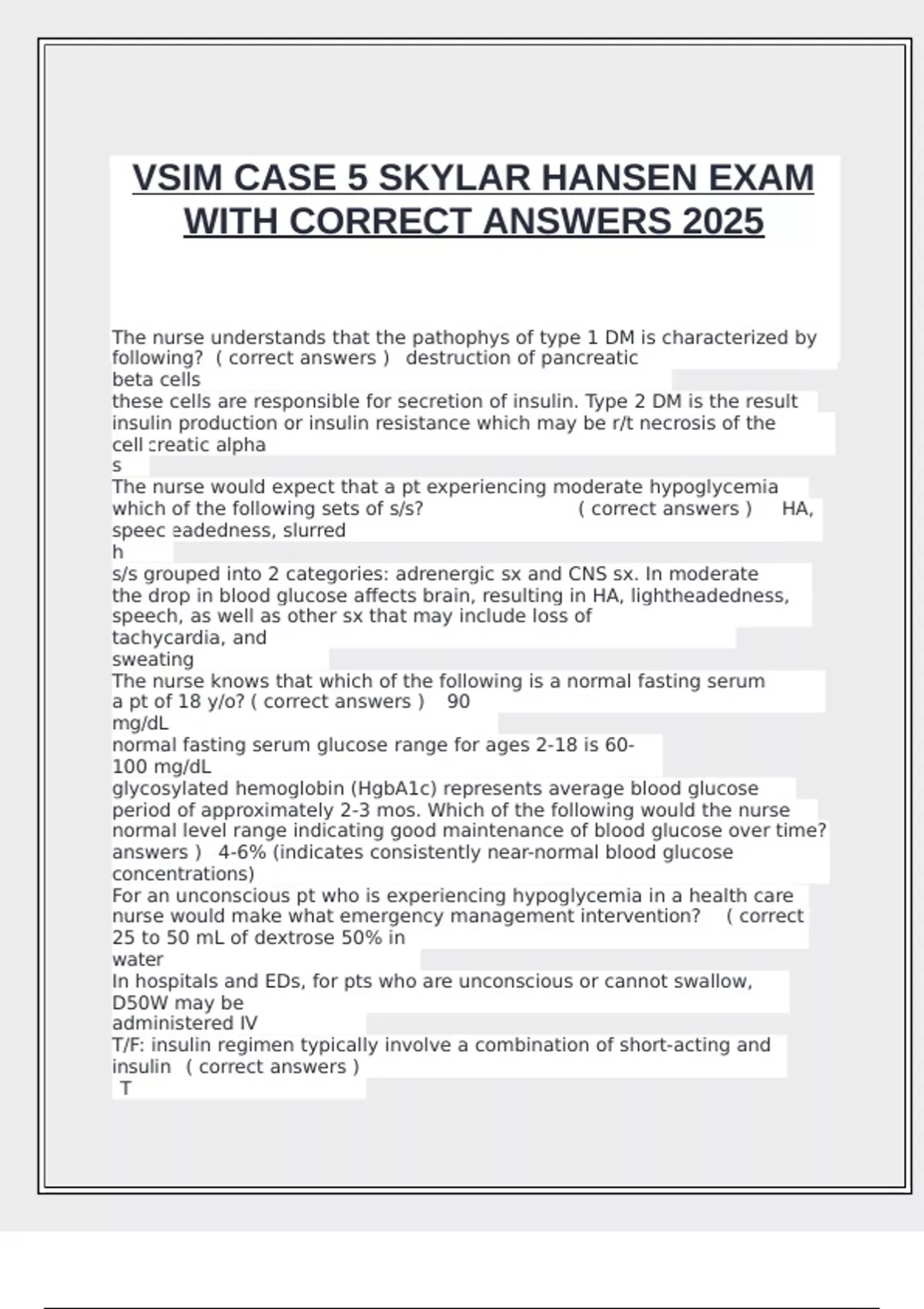 VSIM CASE 5 SKYLAR HANSEN EXAM WITH CORRECT ANSWERS 2025 - Vsim case 5 Skylar Hansen - Stuvia US