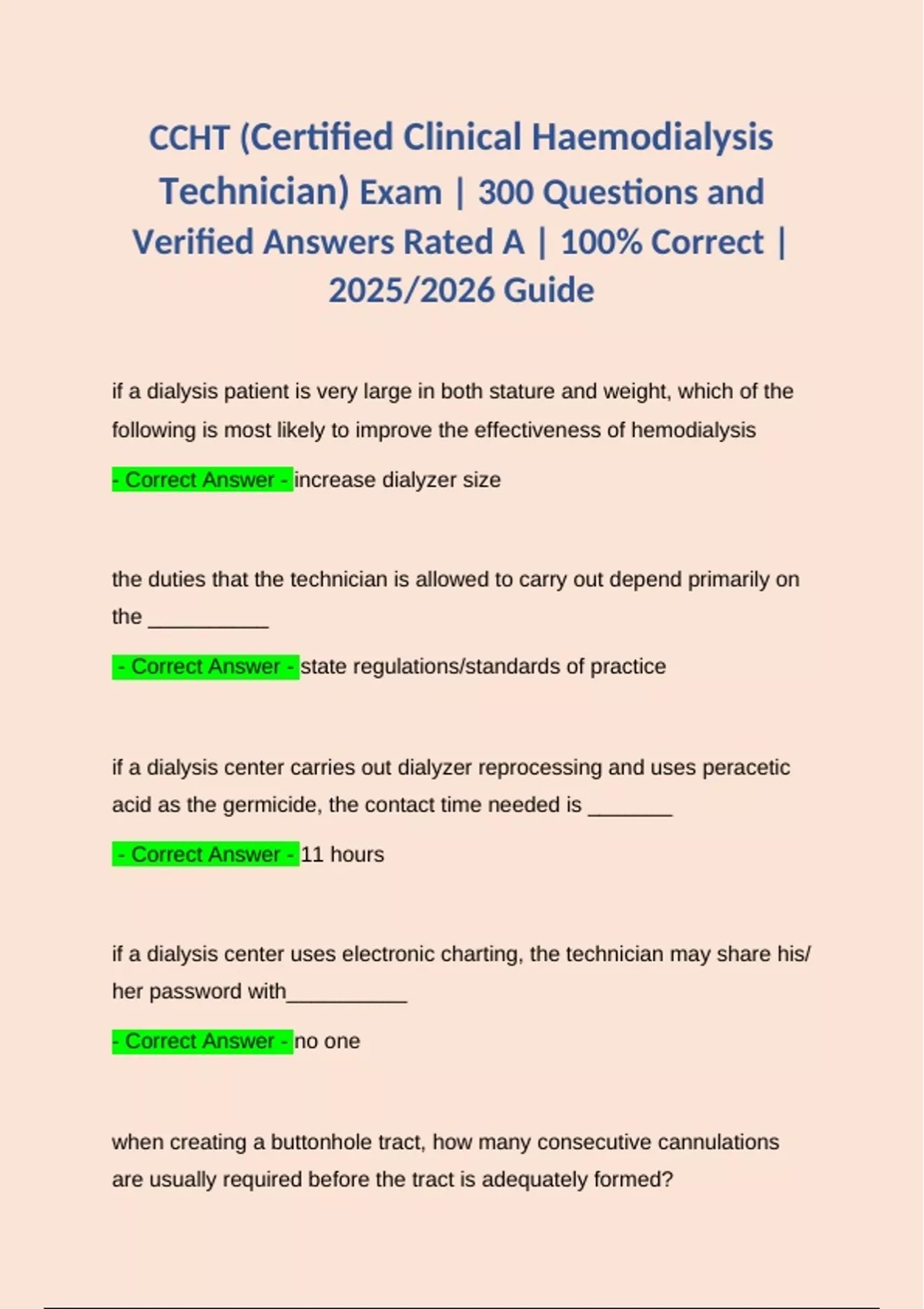 CCHT (Certified Clinical Haemodialysis Technician) Exam | 300 Questions ...