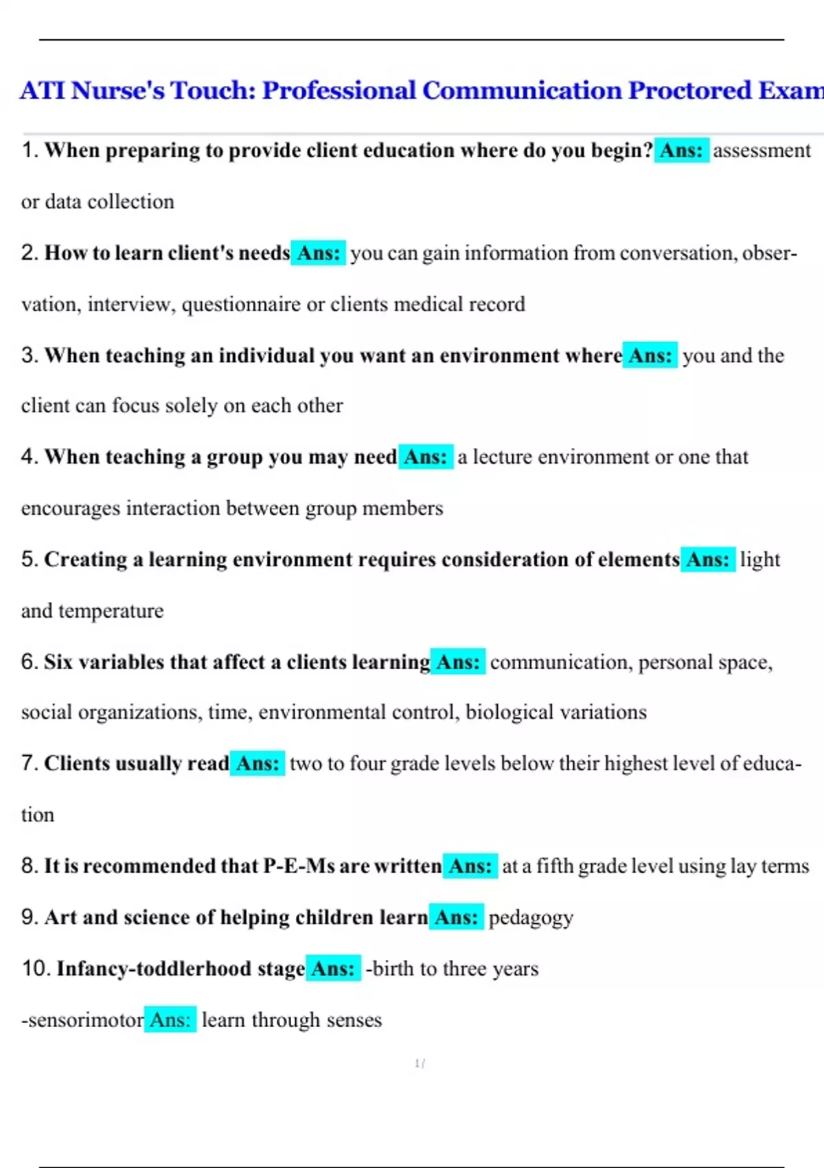 ATI Nurse’s Touch: Professional Communication Proctored Exam – Full ...