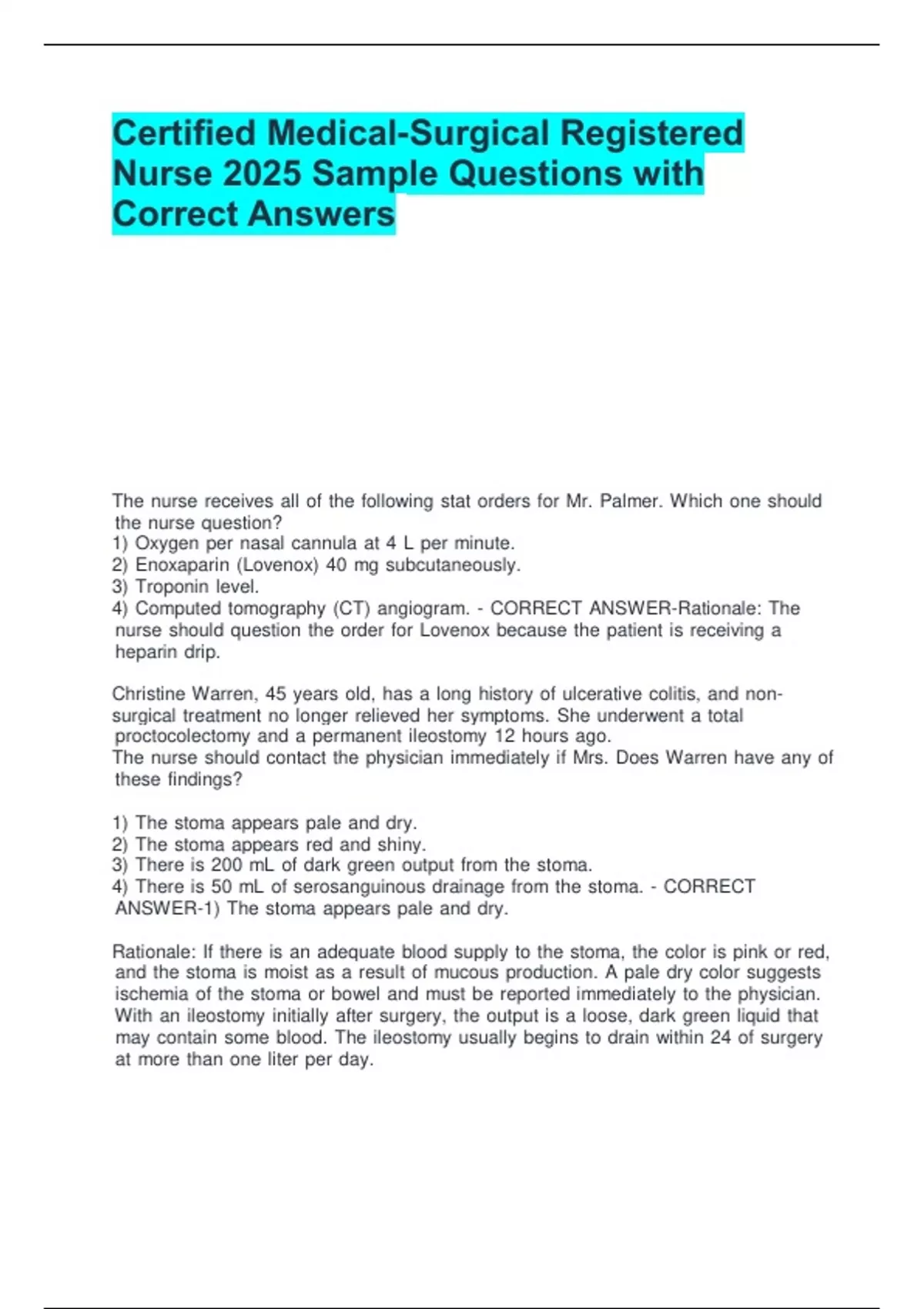 Certified Medical-Surgical Registered Nurse 2025 Sample Questions with ...