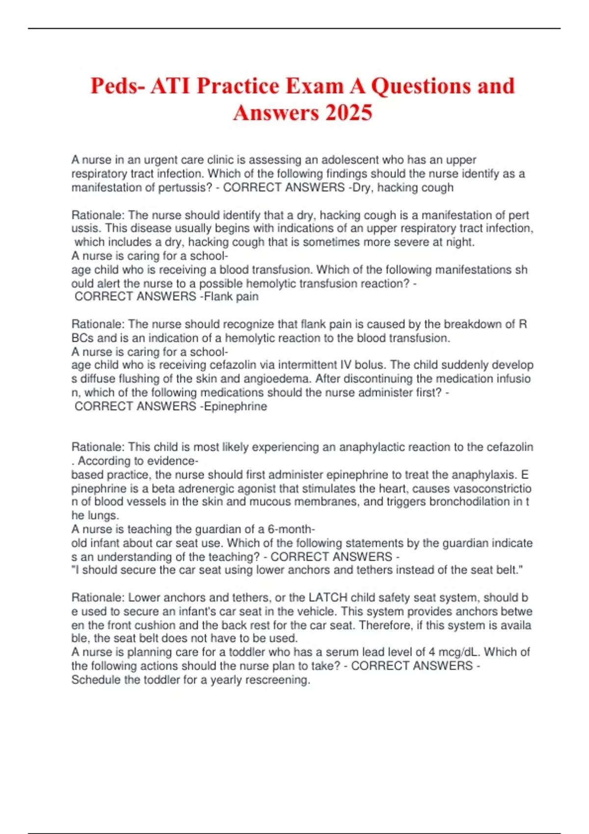 Peds- ATI Practice Exam A Questions and Answers 2025 - ATI PEDIATRIC ...