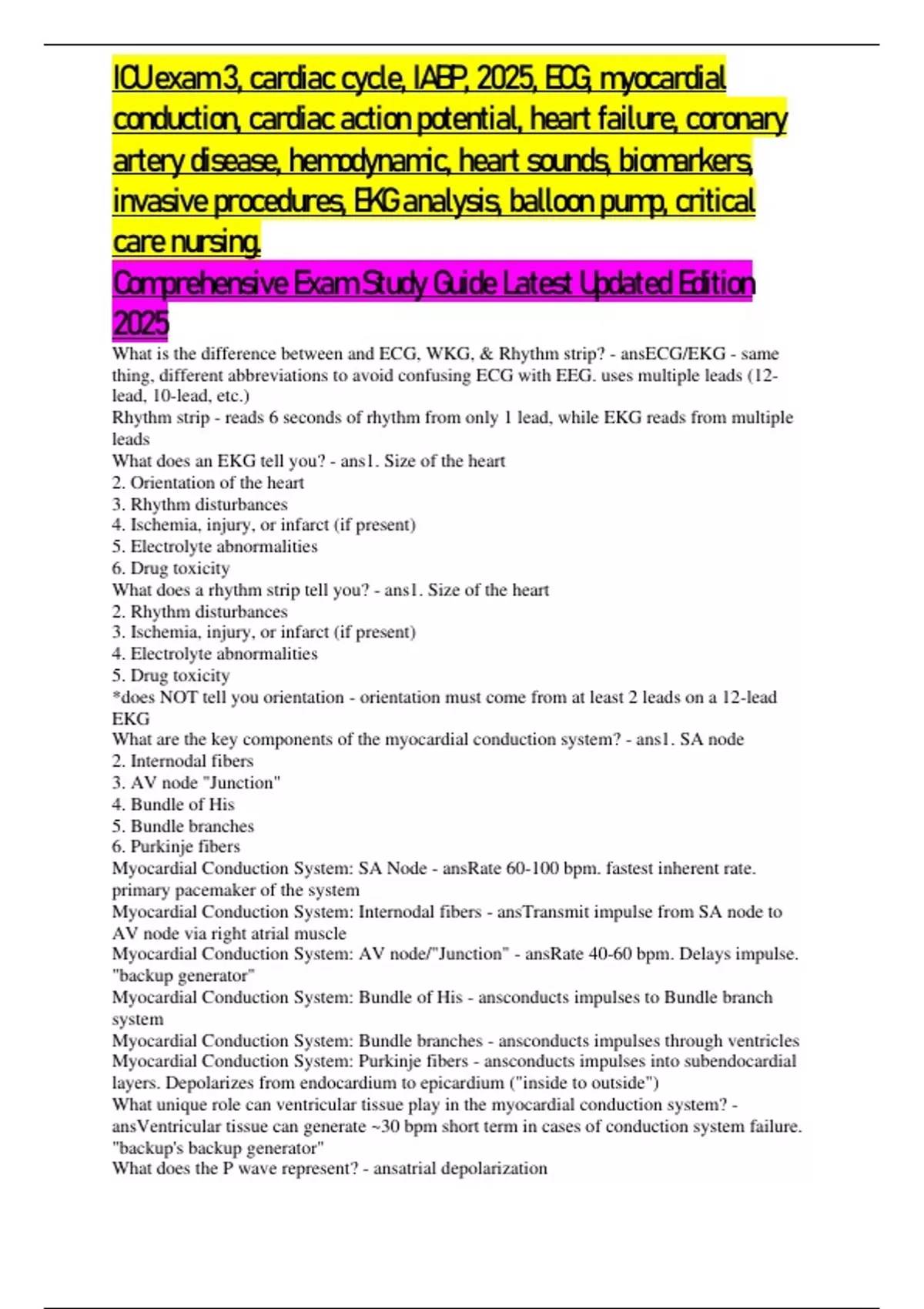 CU exam 3, cardiac cycle, IABP, 2025, ECG, myocardial conduction ...