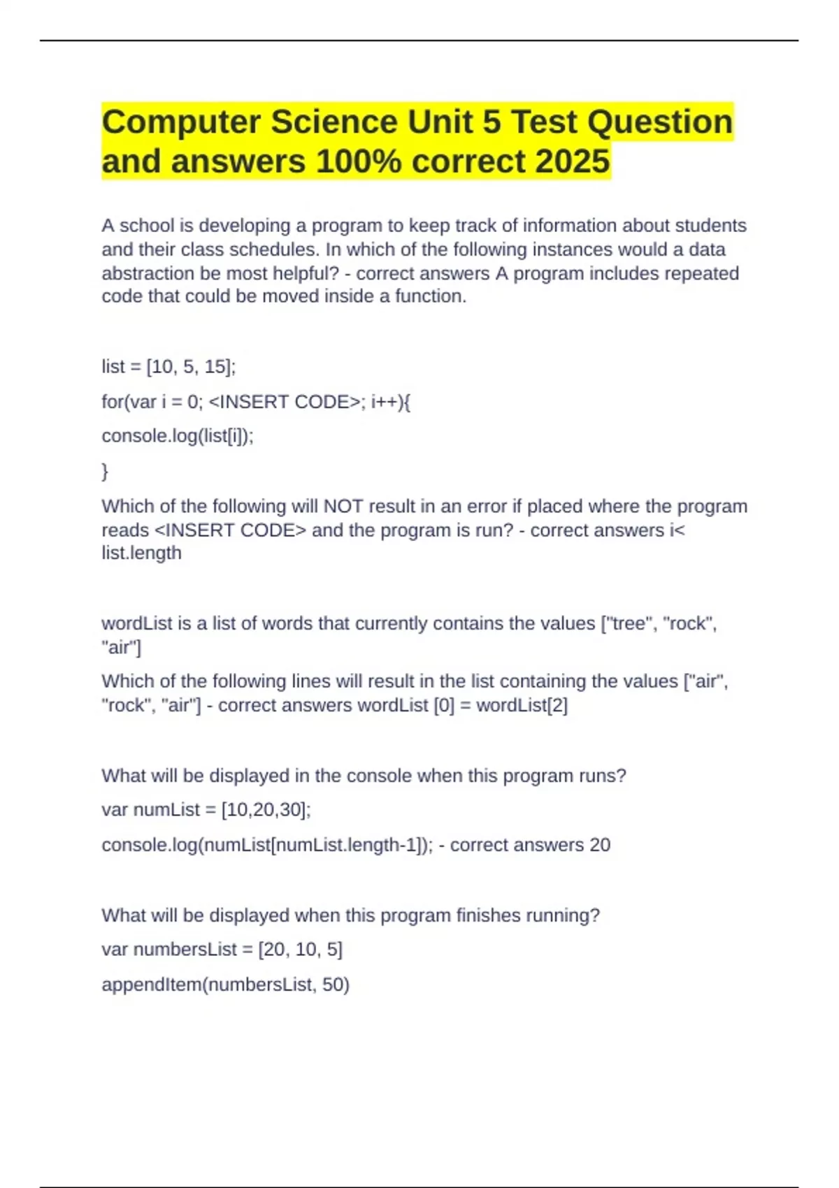Computer Science Unit 5 Test Question and answers 100% correct 2025 ...