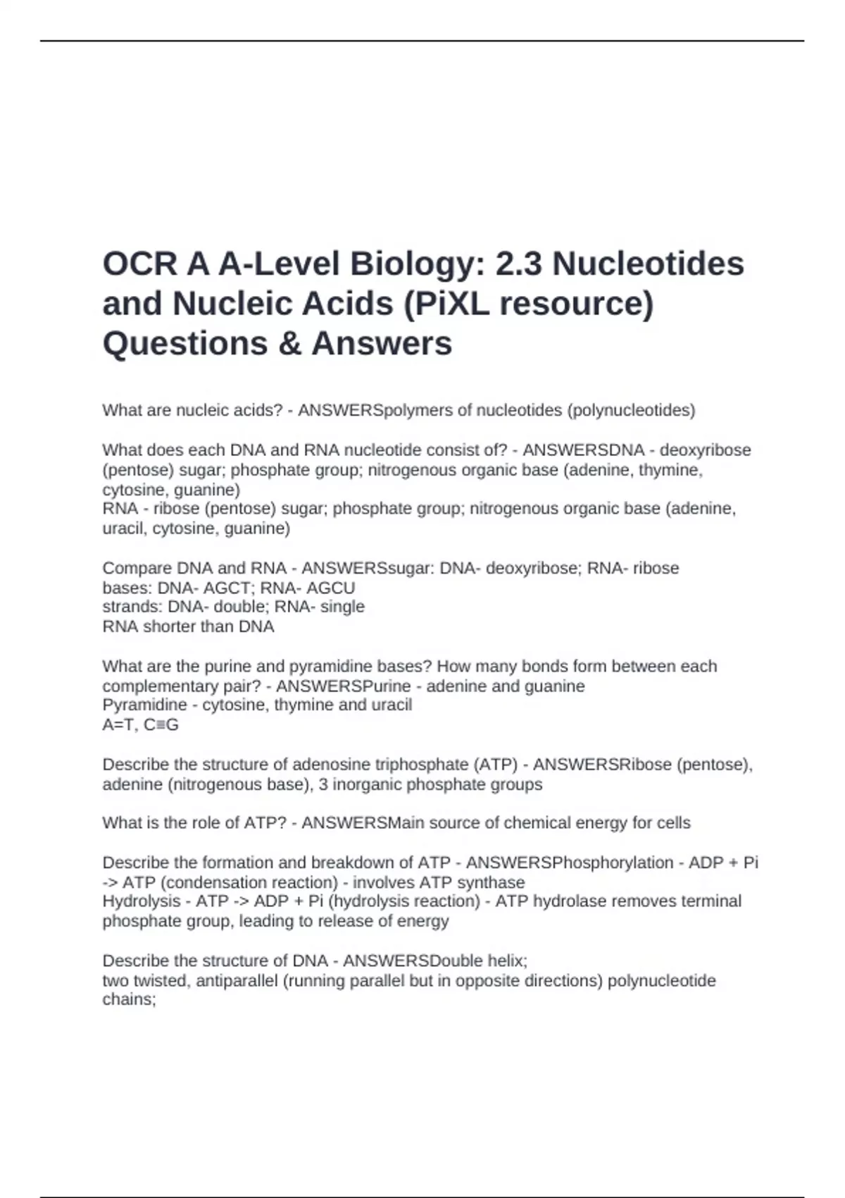 OCR A A-Level Biology: 2.3 Nucleotides and Nucleic Acids (PiXL resource ...