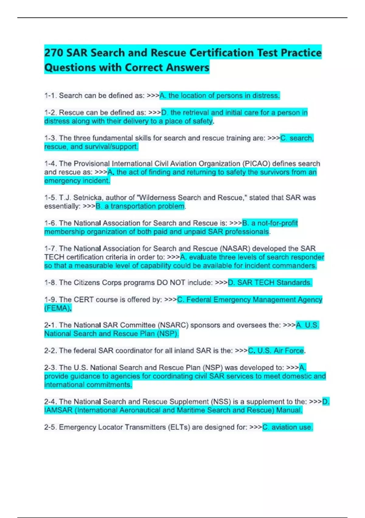 270 SAR Search and Rescue Certification Test Practice Questions with ...