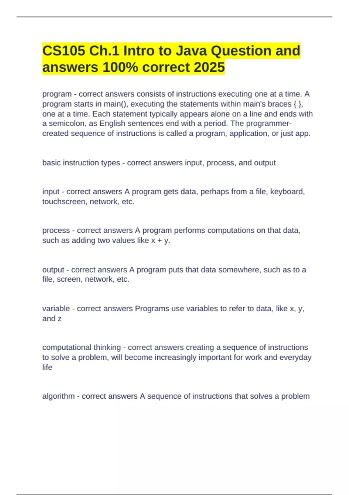 CS105 Ch.1 Intro to Java Question and answers 100% correct 2025 - CS105 Ch.1 Intro to Java ...