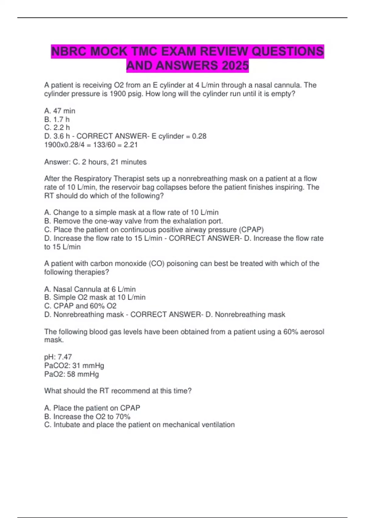 2025 NBRC Mock TMC Exam Review – Verified Respiratory Therapy Questions ...
