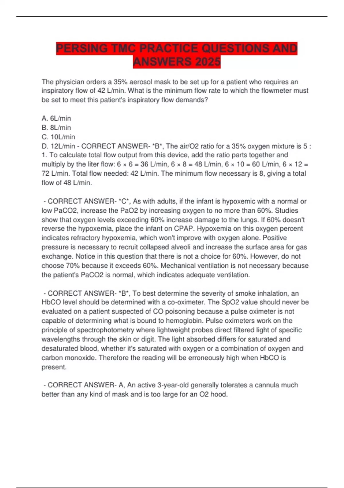 2025 Persing TMC Practice Questions and Answers – Respiratory Therapy ...