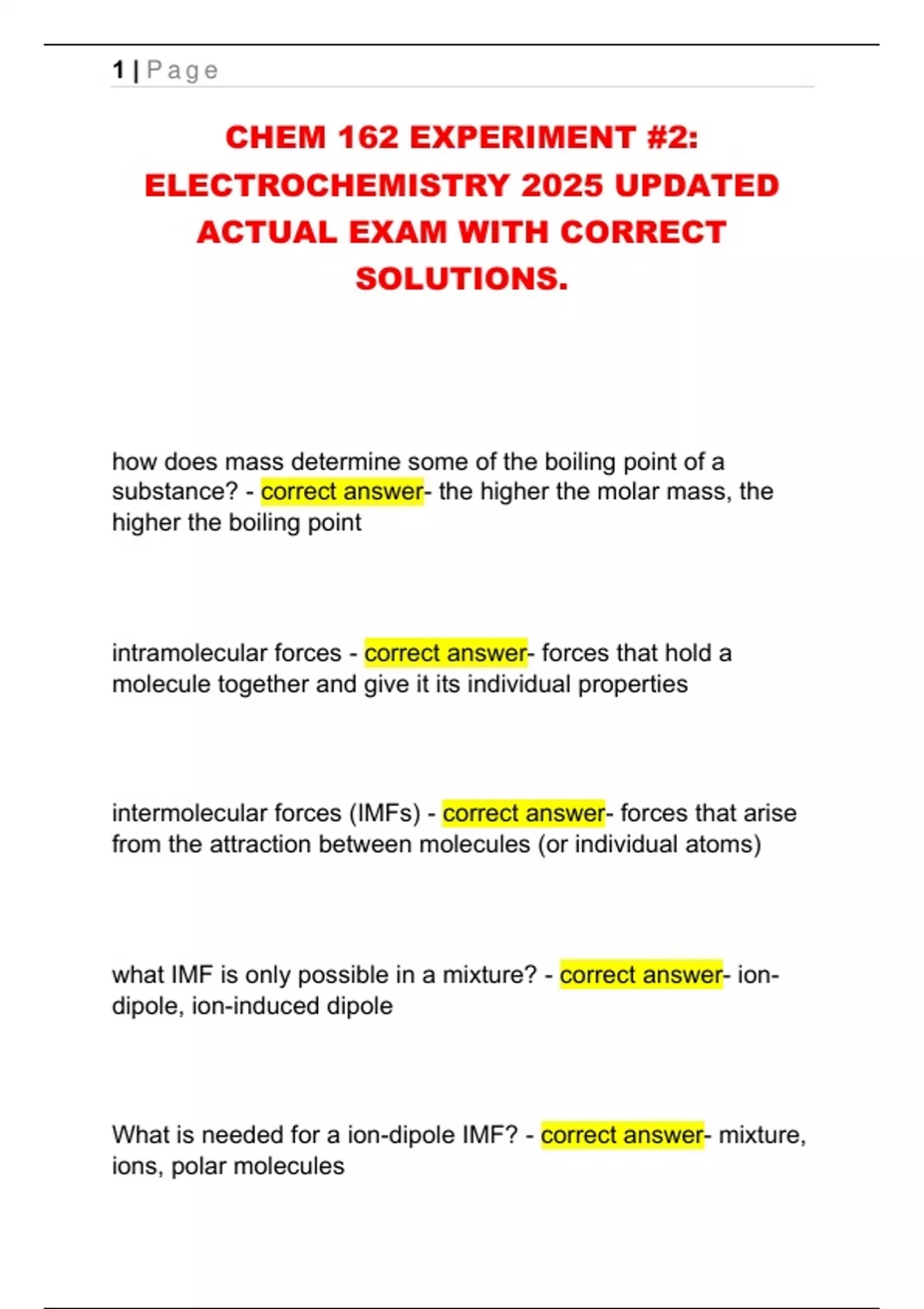 CHEM 162 EXPERIMENT #2: ELECTROCHEMISTRY 2025 UPDATED ACTUAL EXAM WITH ...