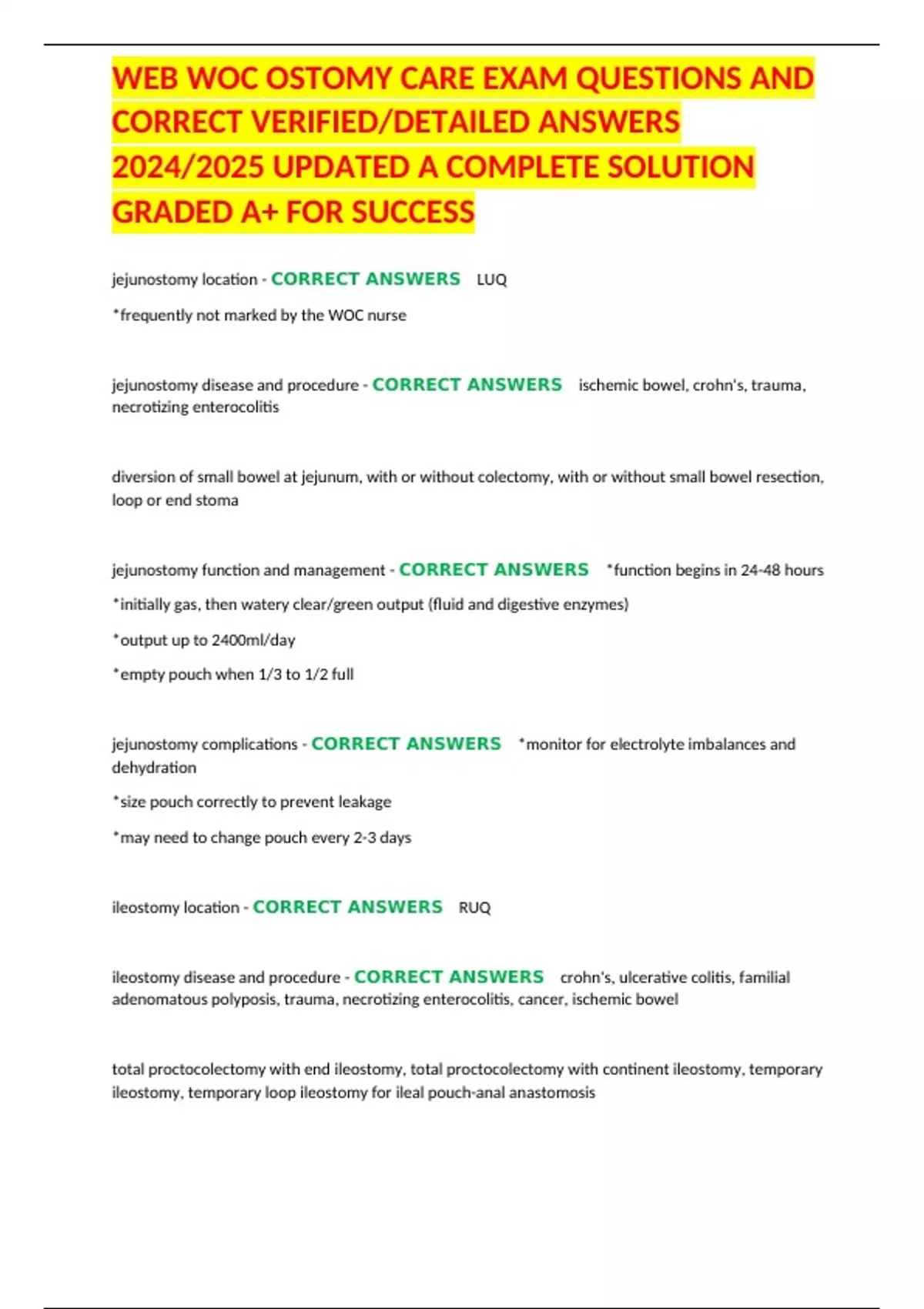 WEB WOC OSTOMY CARE EXAM QUESTIONS AND CORRECT VERIFIED/DETAILED ...