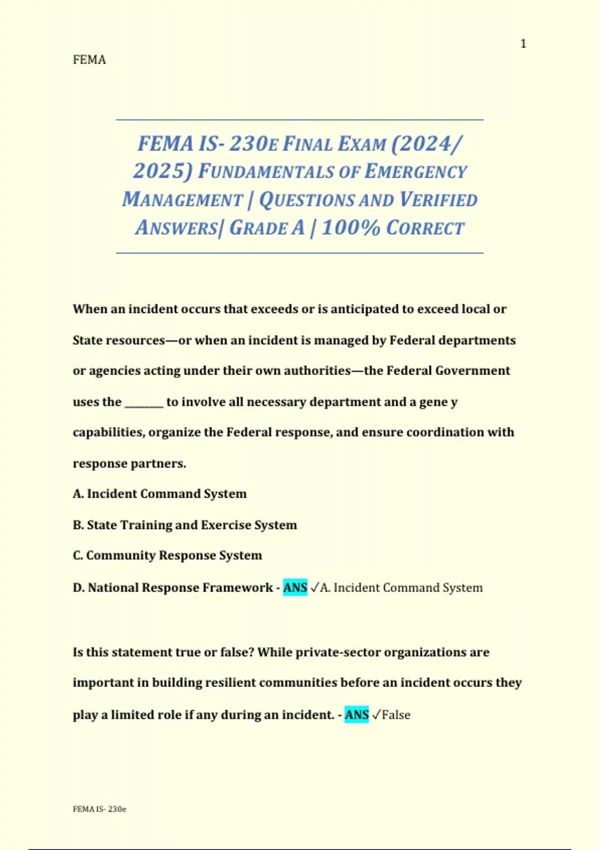 FEMA IS- 230E FINAL EXAM (2024/ 2025) FUNDAMENTALS OF EMERGENCY ...