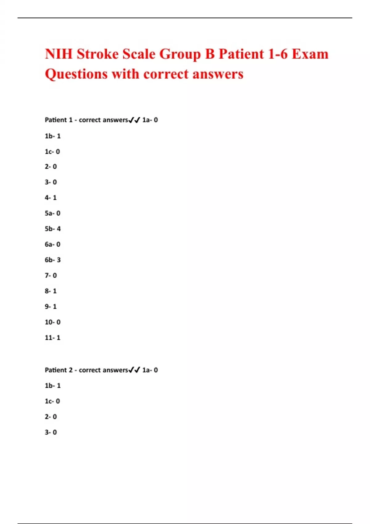 NIH Stroke Scale Group B Patient 1-6 Exam Questions with correct ...