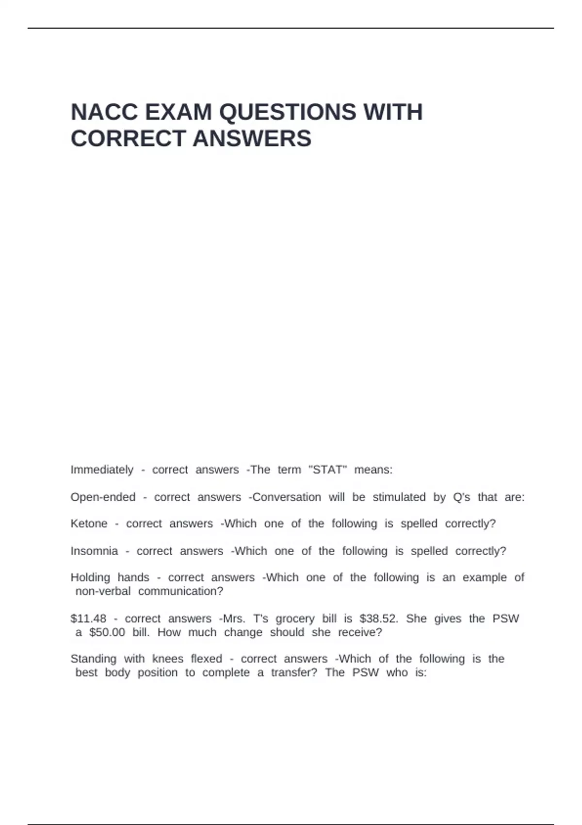 NACC EXAM QUESTIONS WITH CORRECT ANSWERS - NACC - Stuvia US