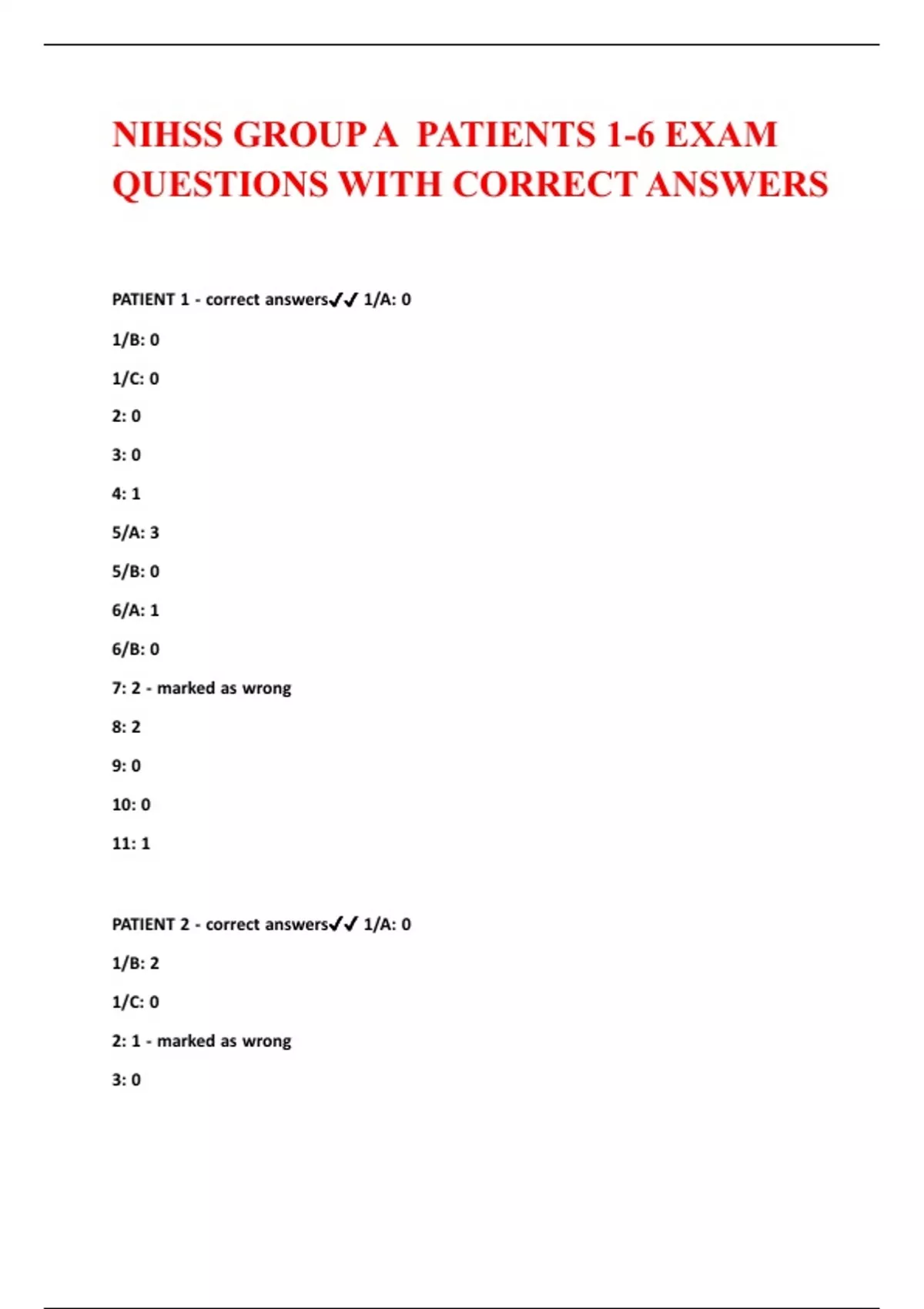 NIHSS GROUP A PATIENTS 1-6 EXAM QUESTIONS WITH CORRECT ANSWERS - NIHSS ...