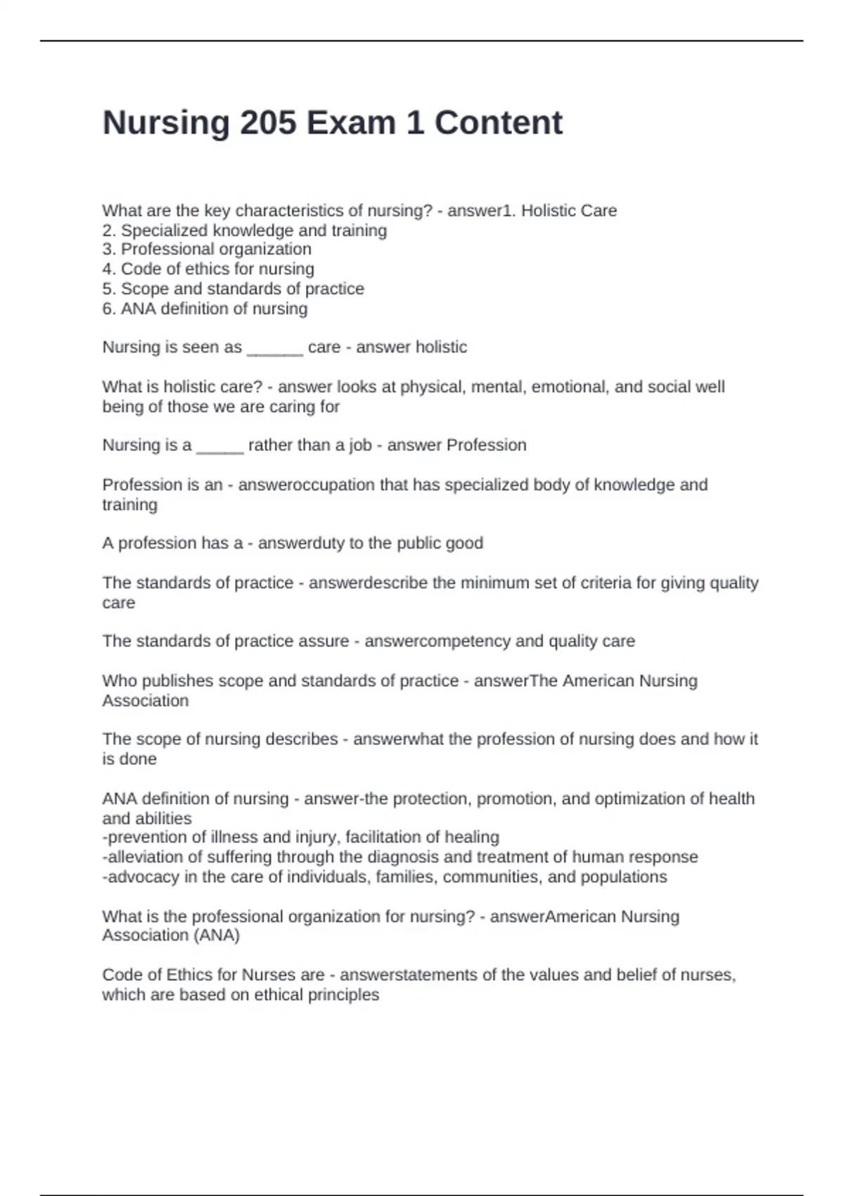 Nursing 205 Exam 1 Content Questions and Answers 100% Correct - BSN 205 ...