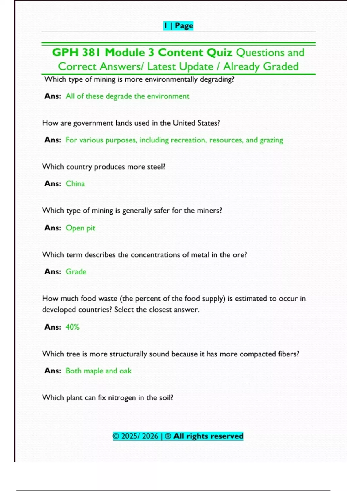 GPH 381 – Module 3 Content Quiz Questions and Correct Answers (2025/2026) | Mining, Soil, Food ...