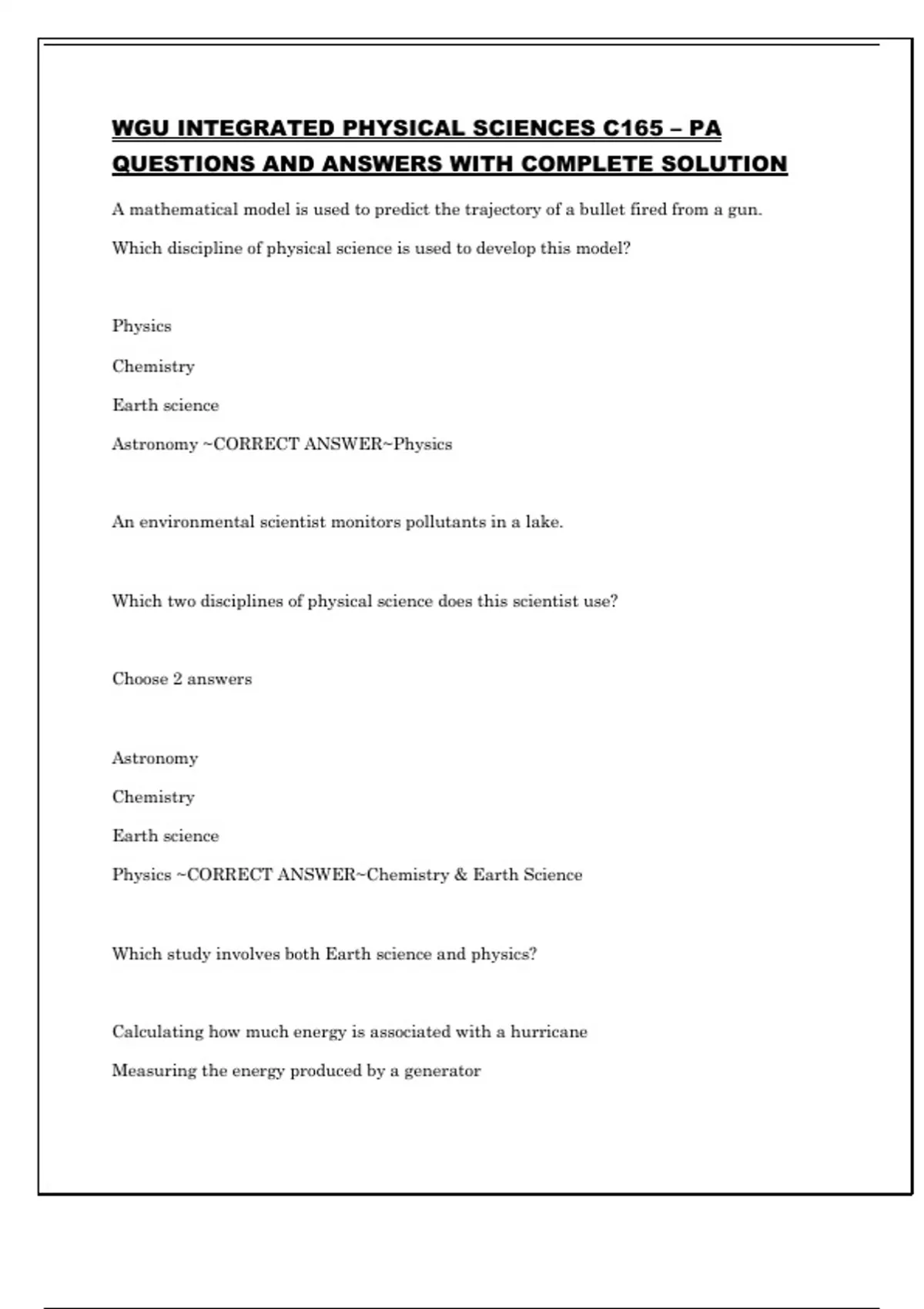 WGU C165 Integrated Physical Sciences - PA Questions & Verified Answers ...