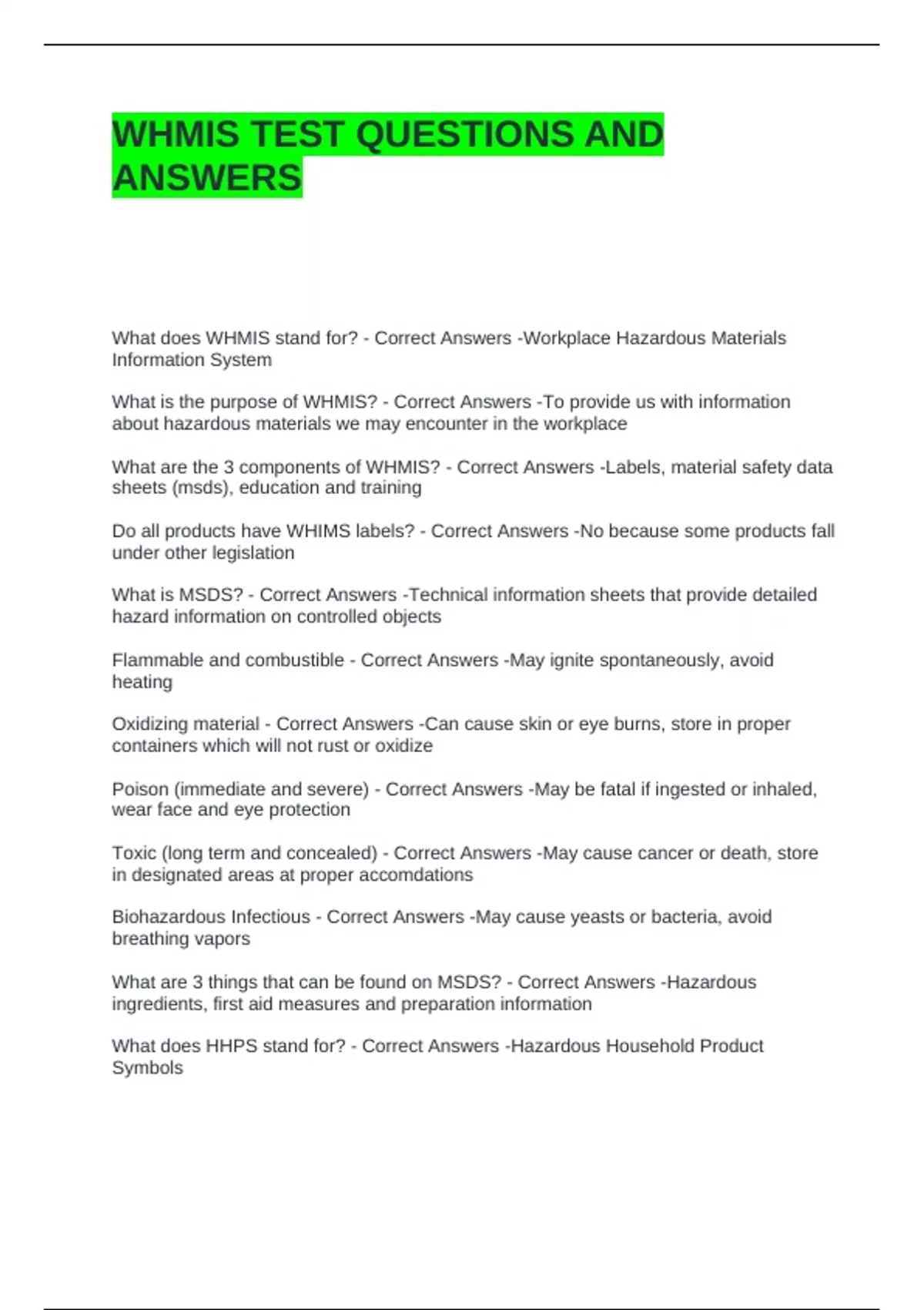 WHMIS – Workplace Hazardous Materials Information System – Complete ...