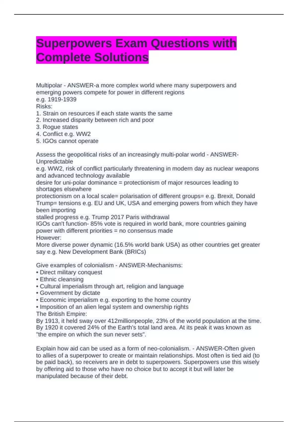 Superpowers Exam Questions with Complete Solutions - SS 120 History ...