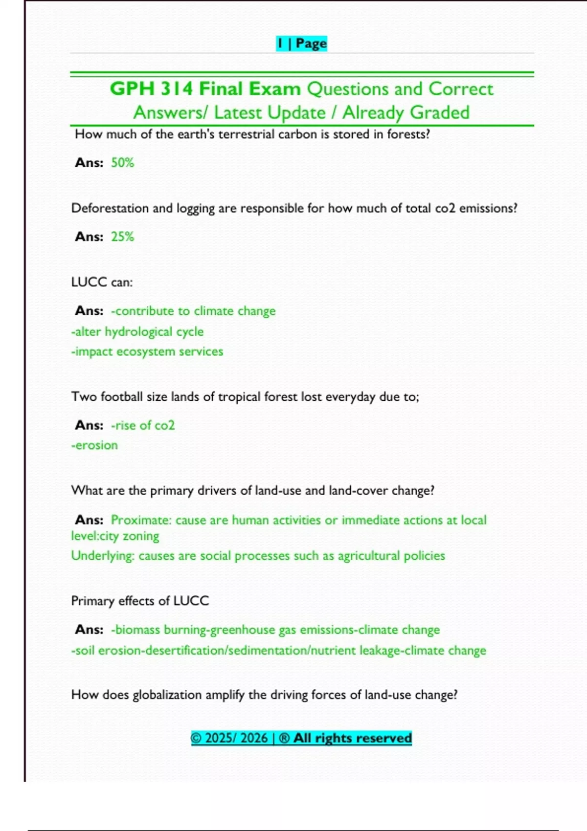 GPH 314 – Final Exam Questions and Correct Answers (2025/2026) | Climate Change, Urbanization ...