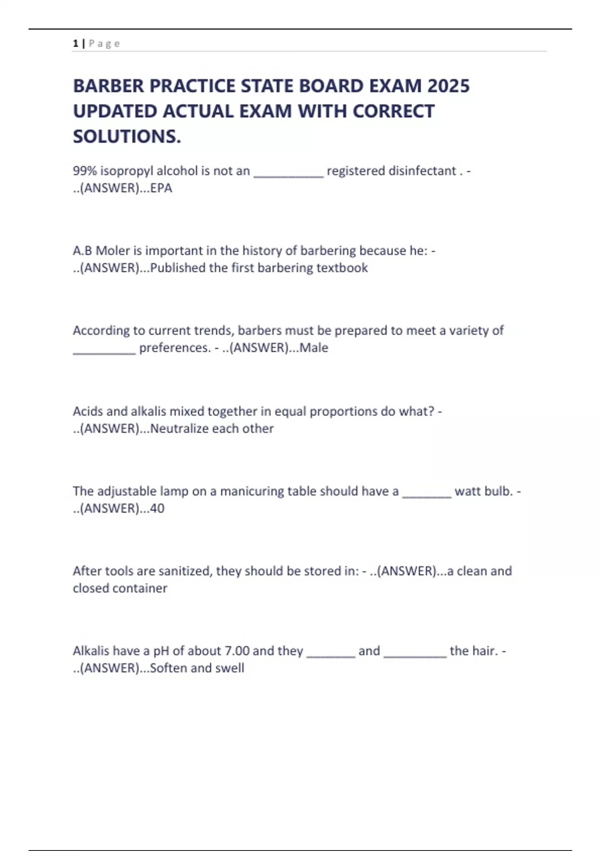 BARBER PRACTICE STATE BOARD EXAM 2025 UPDATED ACTUAL EXAM WITH CORRECT ...