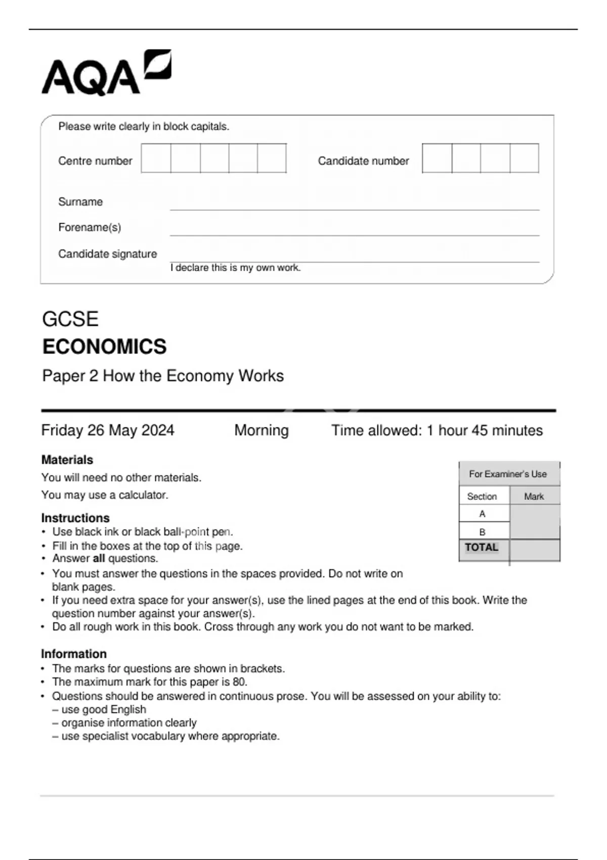AS-Level- AQA- GCSE Economics 8136/2- Paper 2 “How the Economy Works ...