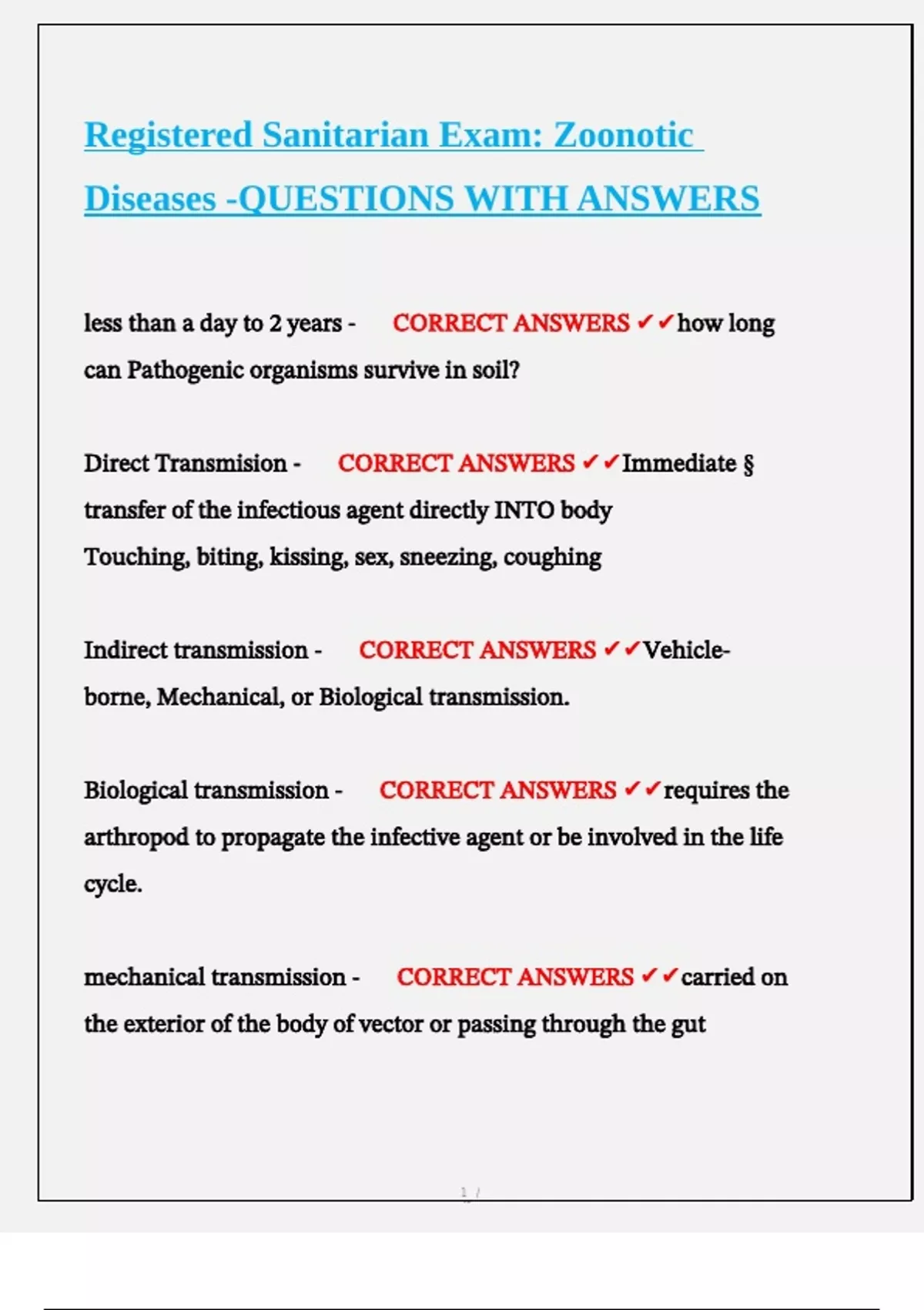 Registered Sanitarian Exam Zoonotic Diseases -QUESTIONS WITH ANSWERS ...