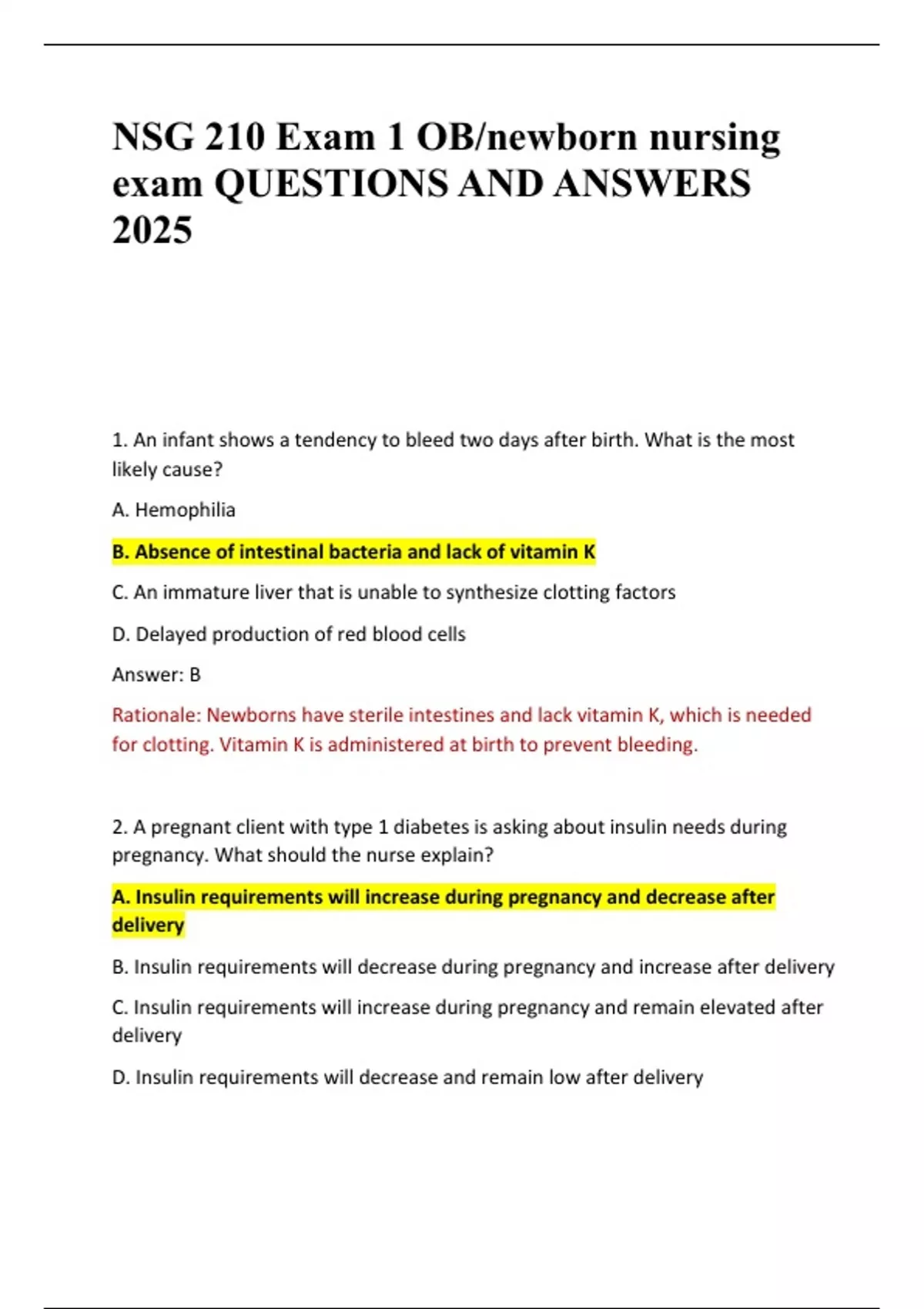 NSG 210 Exam 1 OB/newborn nursing exam QUESTIONS AND ANSWERS 2025 - NSG 210 OB/newborn nursing ...