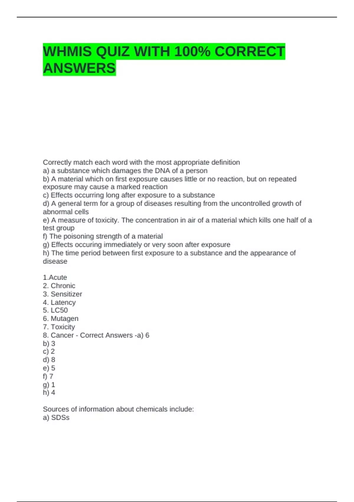 WHMIS QUIZ WITH 100% CORRECT ANSWERS - WHMIS - Stuvia US