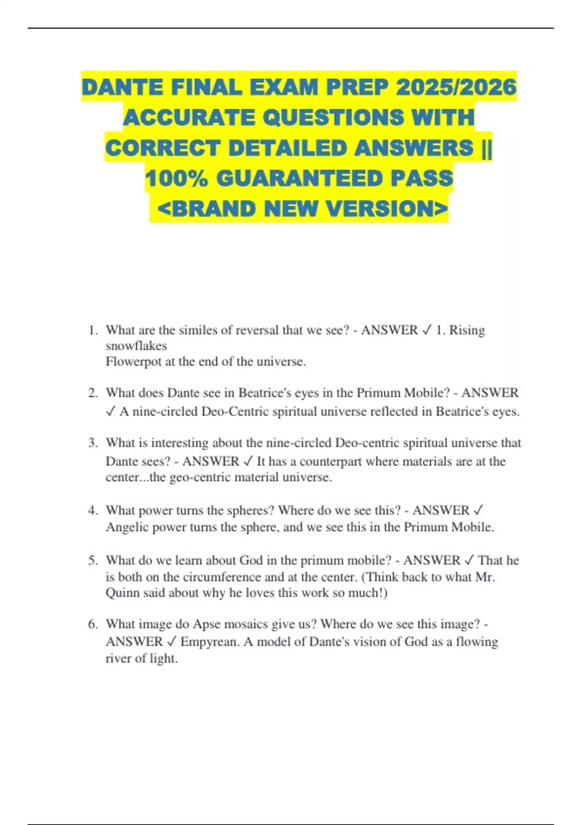DANTE FINAL EXAM PREP 2025/2026 ACCURATE QUESTIONS WITH CORRECT ...