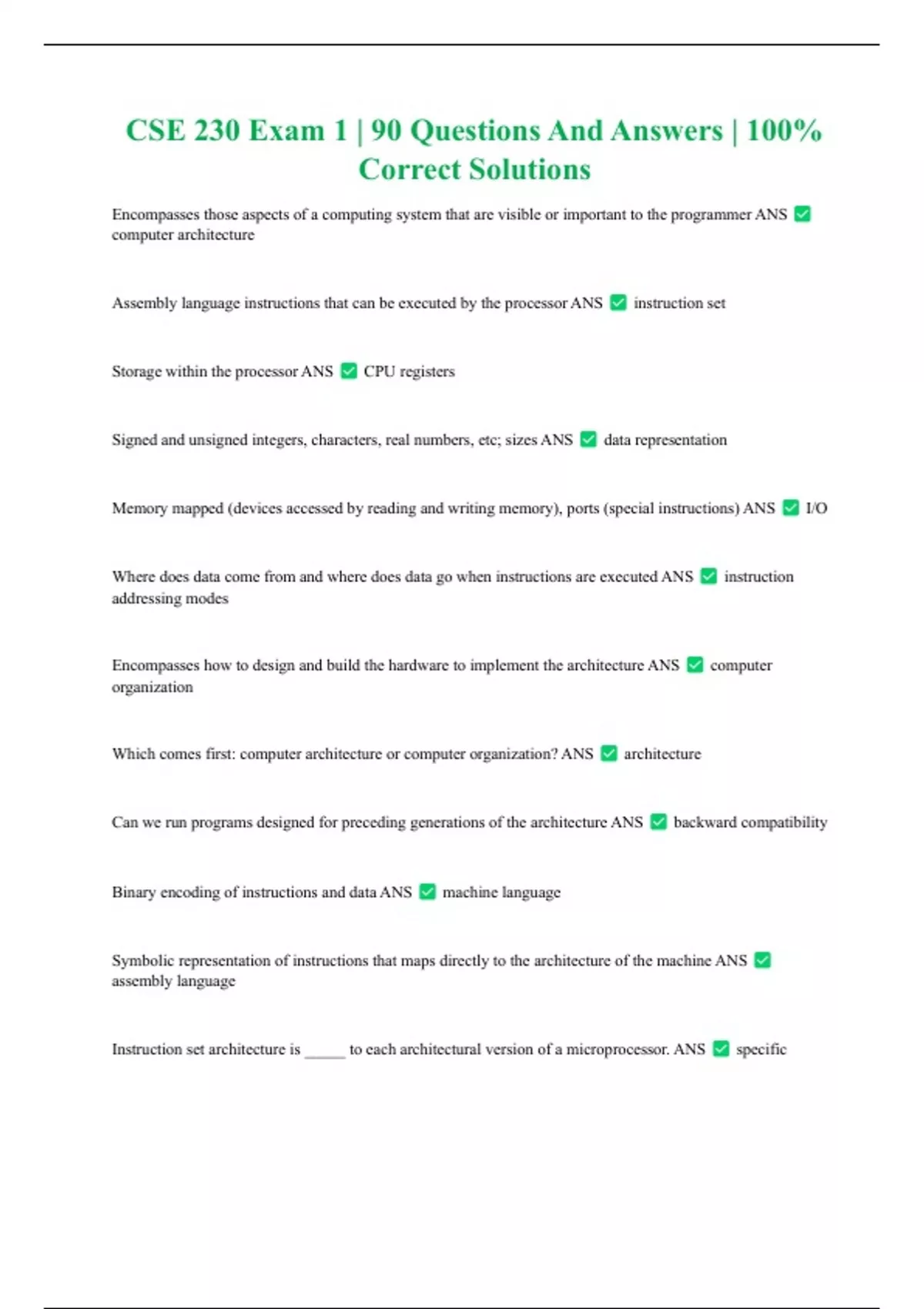 CSE 230 Exam 1 | 90 Questions And Answers | 100% Correct Solutions - CSE 230 - Stuvia US