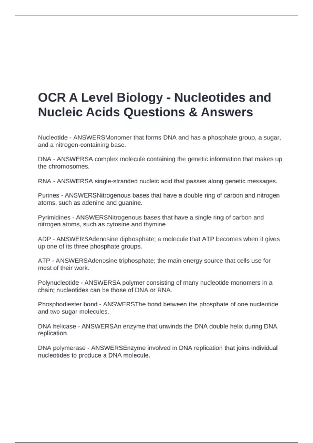 OCR A Level Biology - Nucleotides and Nucleic Acids Questions & Answers ...