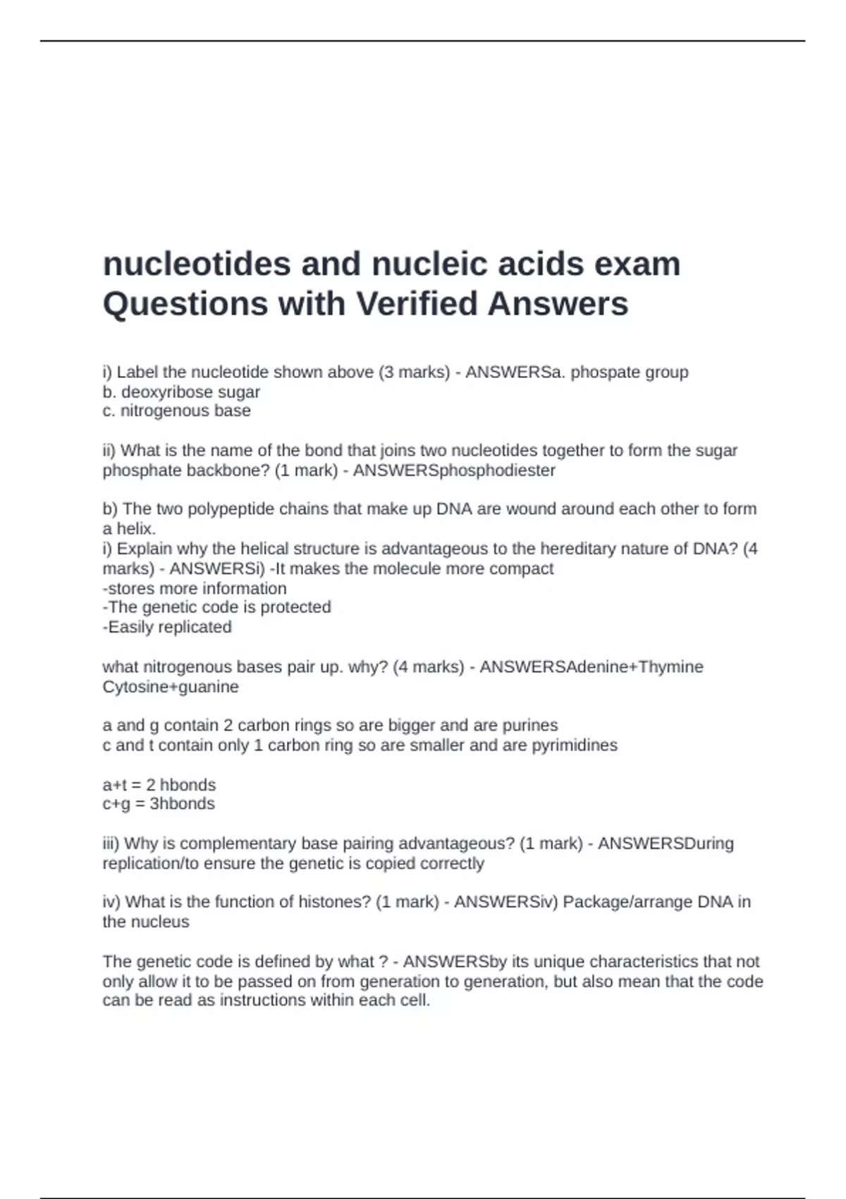 nucleotides and nucleic acids exam Questions with Verified Answers ...