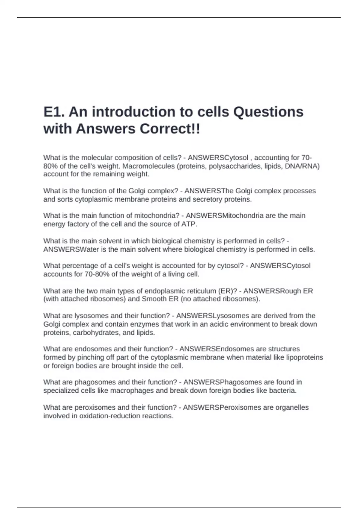 E1. An introduction to cells Questions with Answers Correct!! - E1. An ...