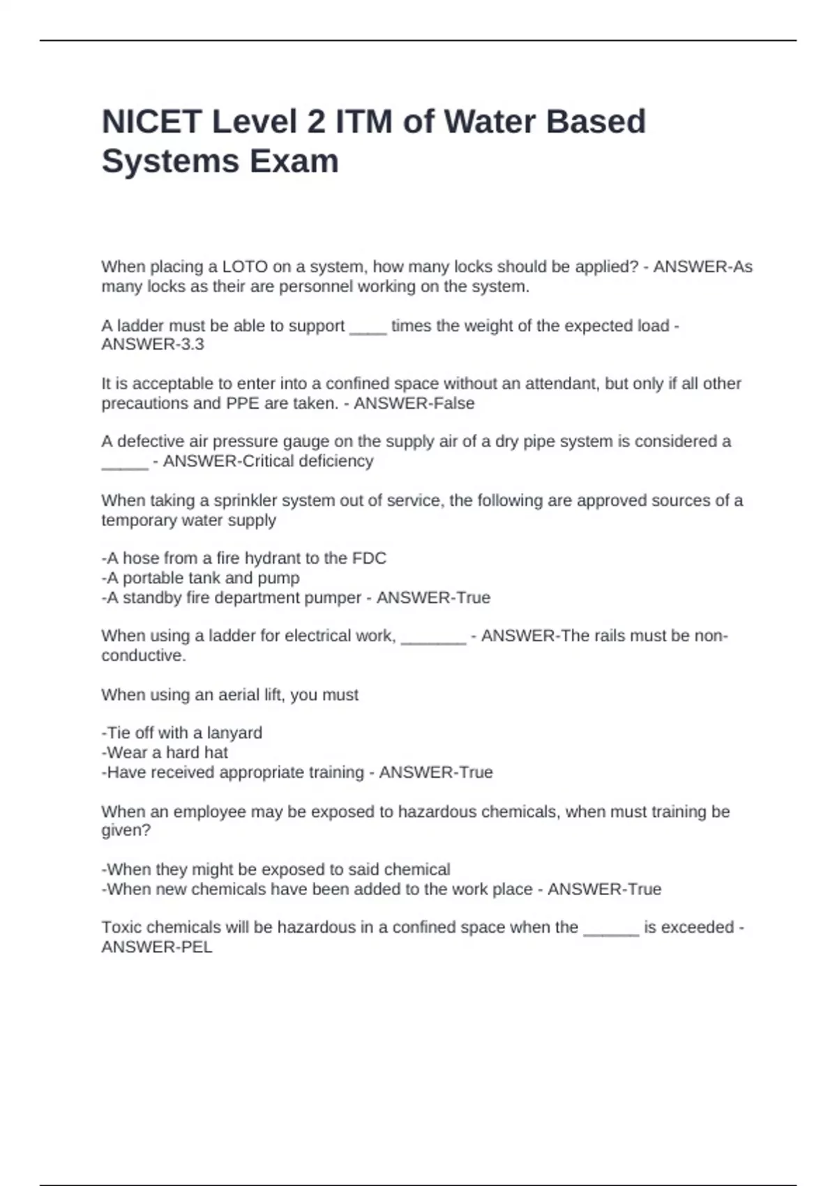 NICET Level 2 ITM of Water Based Systems Exam - NICEST - Stuvia US