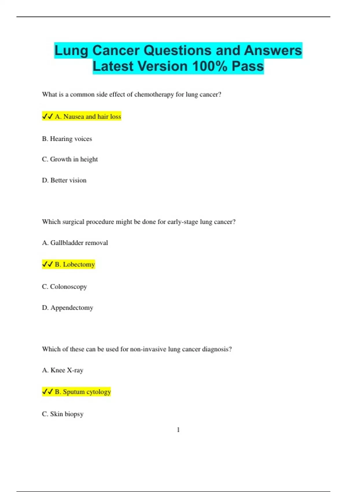 Lung Cancer Questions and Answers Latest Version 100% Pass - Lung ...