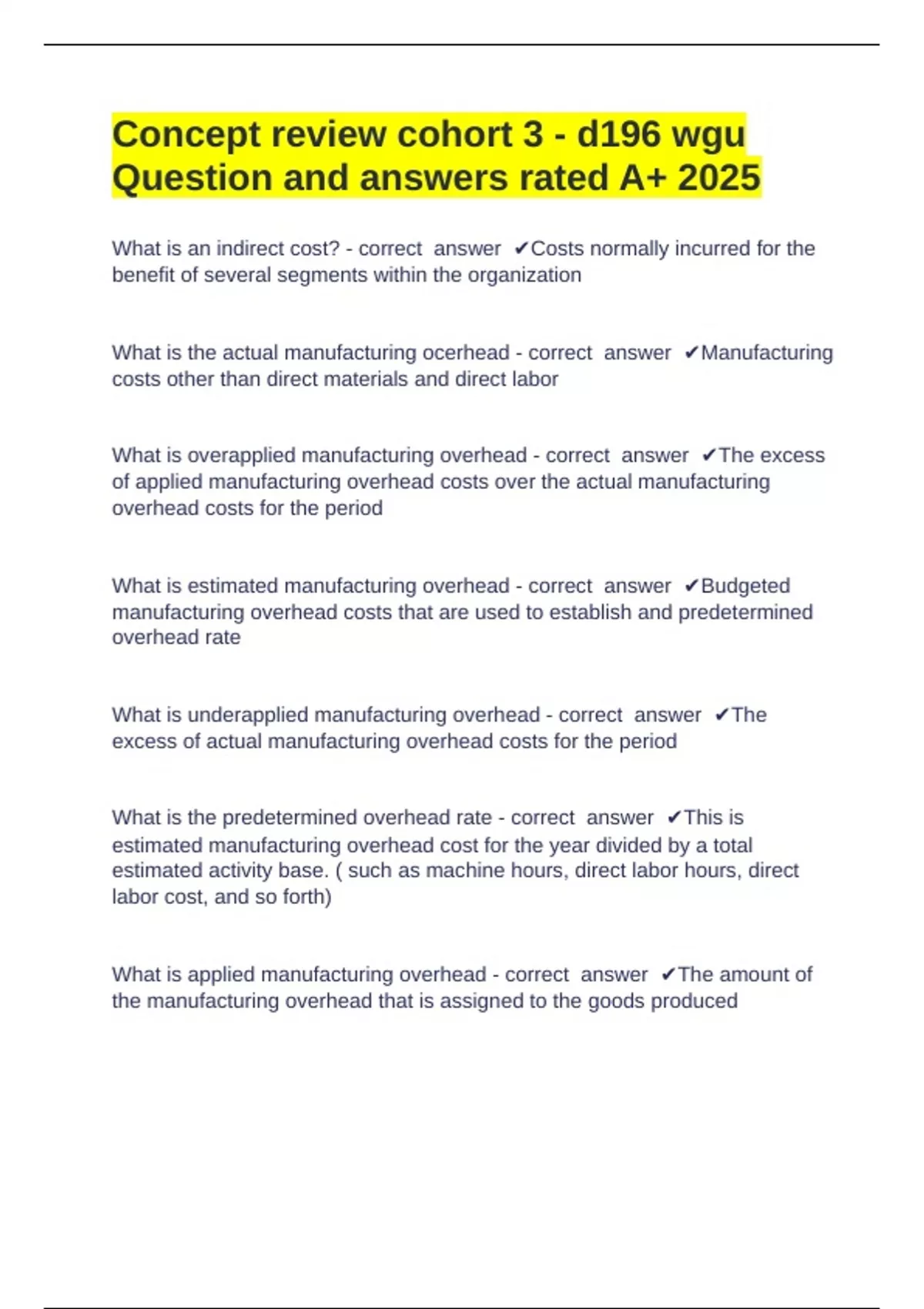 PACKAGE DEAL OF WGU D196 QUESTIONS AND ANSWERS |STUDYSET ALREADY PASSED ...