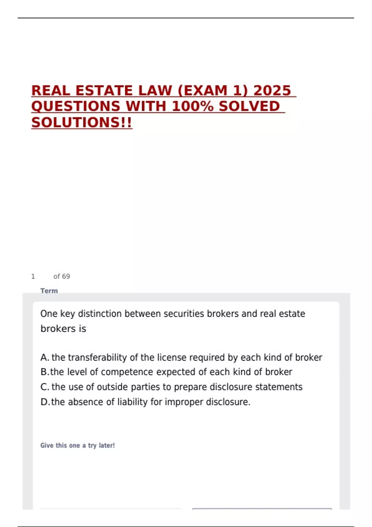 REAL ESTATE LAW (EXAM 1) 2025 QUESTIONS WITH 100% SOLVED SOLUTIONS ...