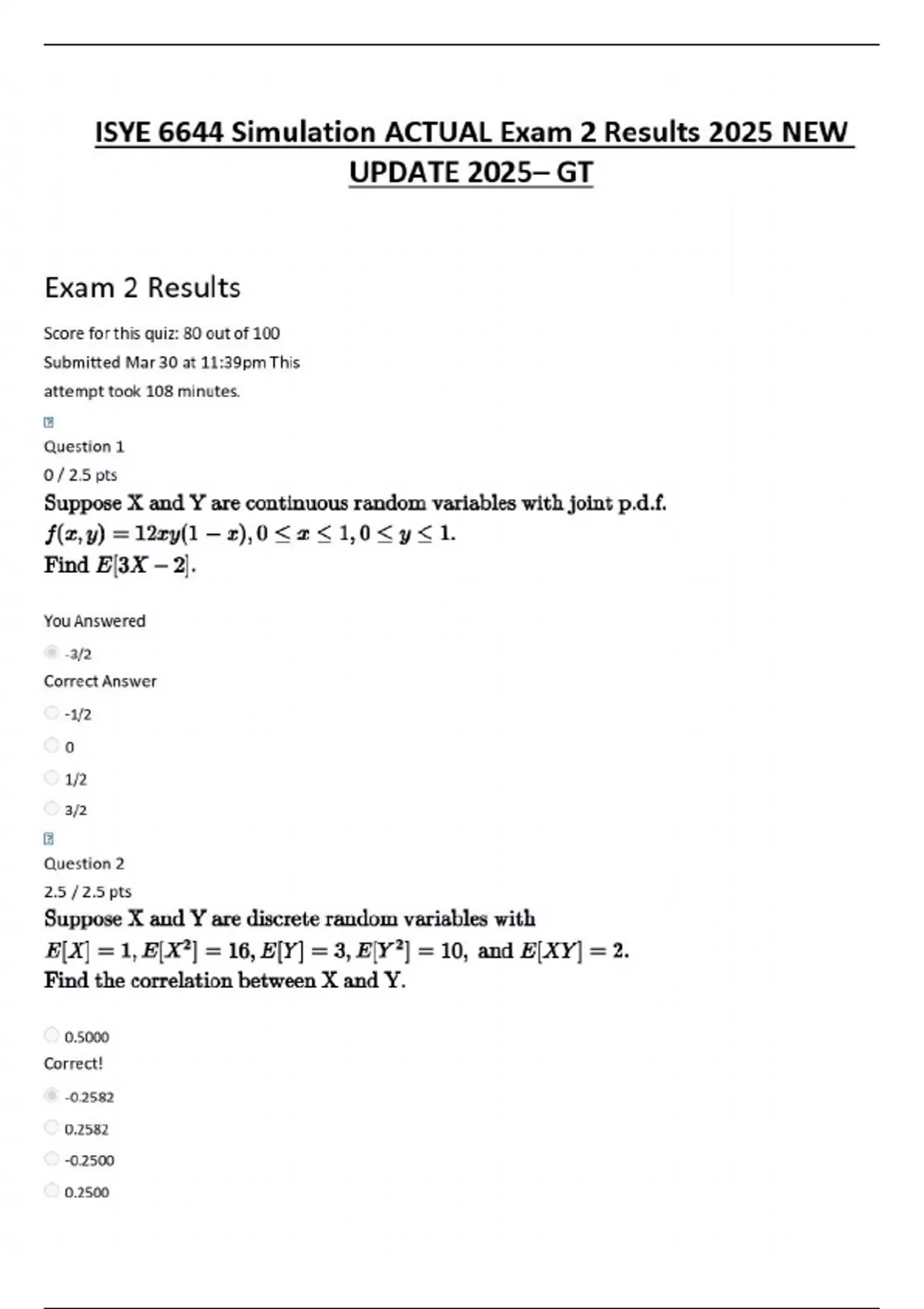 ISYE 6644 Simulation ACTUAL Exam 2 Results 2025 NEW UPDATE 2025– GT ...
