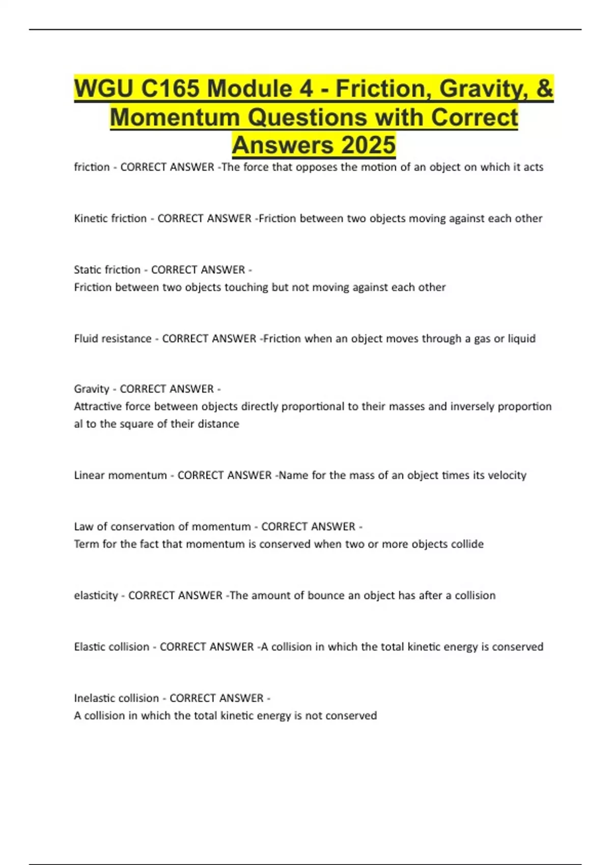 WGU C165 Module 4 - Friction, Gravity, & Momentum Questions with ...