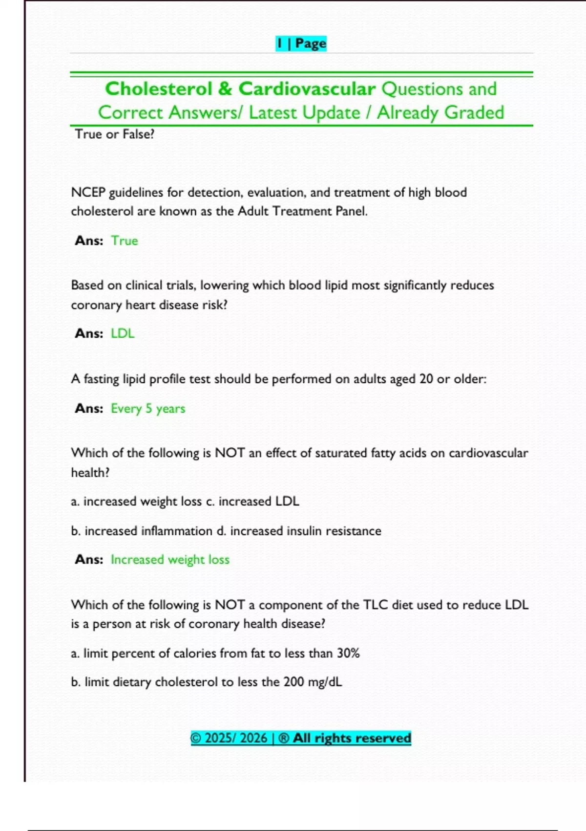 Cholesterol & Cardiovascular Health – True/False and Multiple Choice ...