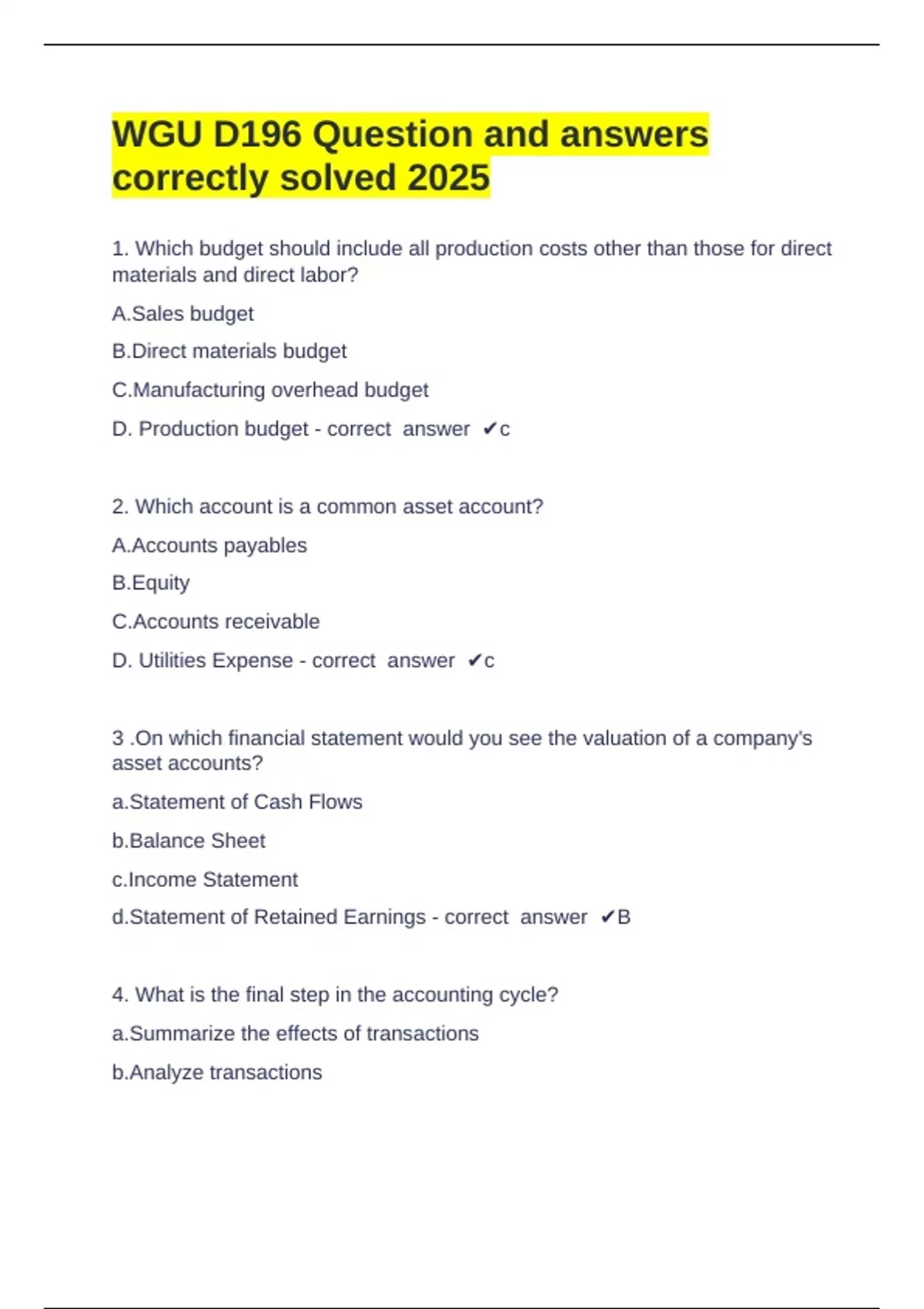 WGU D196 Question and answers correctly solved 2025 - WGU D196 - Stuvia US