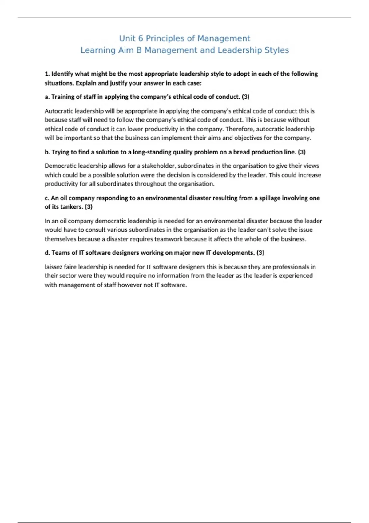 Summary - Unit 6 - Principles of Management - Unit 6 - Principles of ...