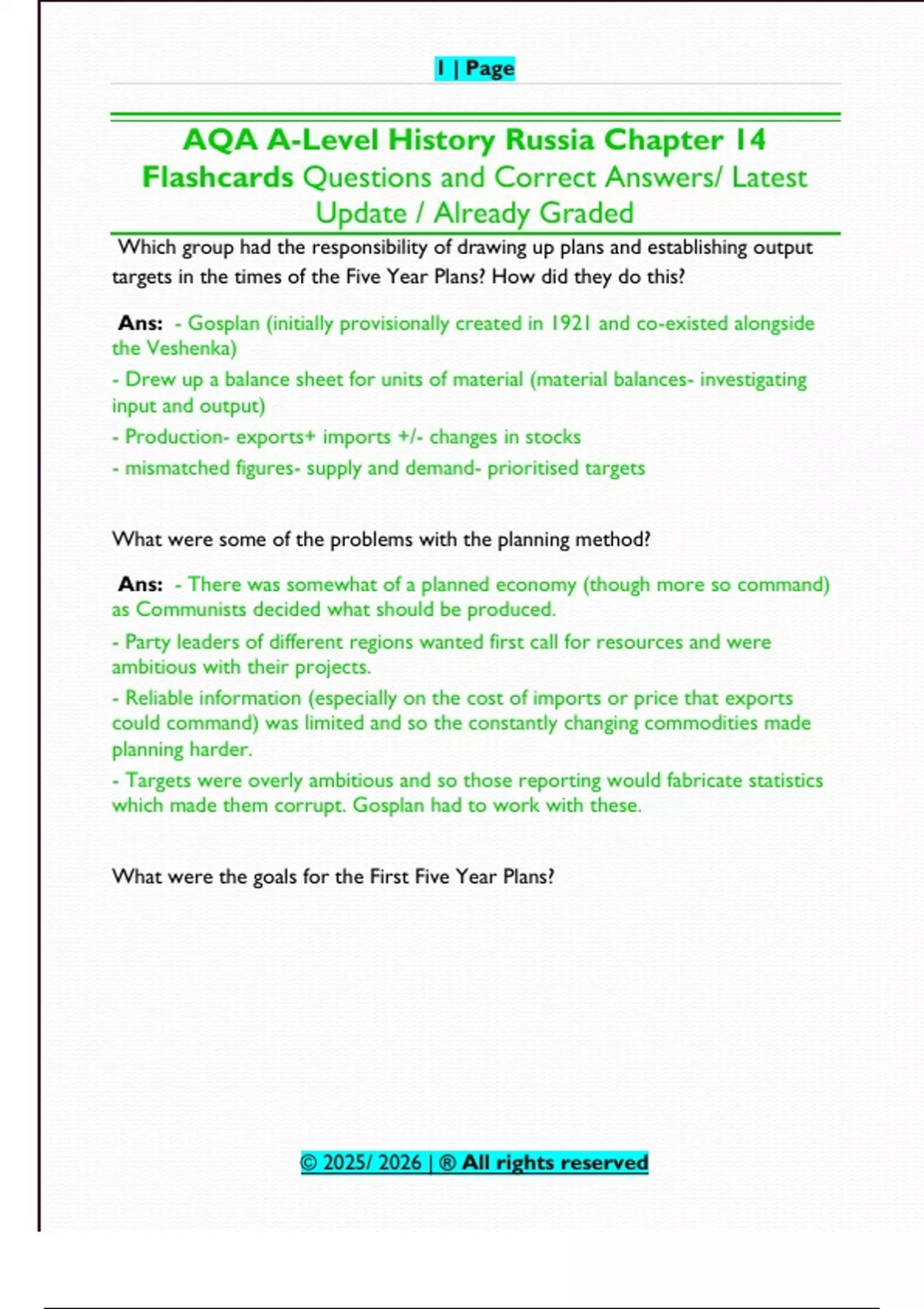 AQA A-Level History – Russia Chapter 14 – Five Year Plans – Flashcards ...