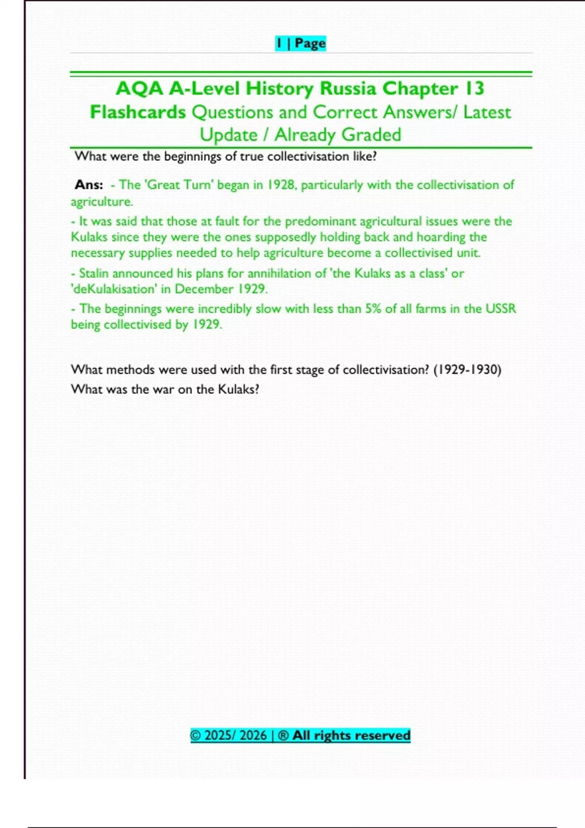 AQA A-Level History – Russia Chapter 13 – Collectivisation Flashcards ...