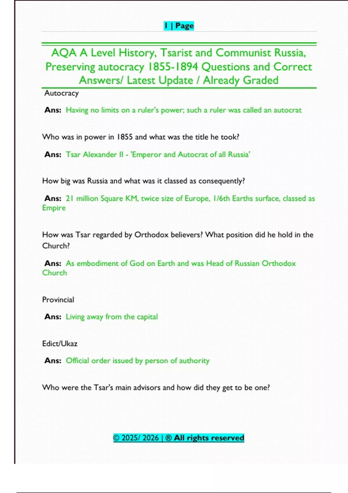 AQA A Level History – Tsarist and Communist Russia (2025/2026 ...