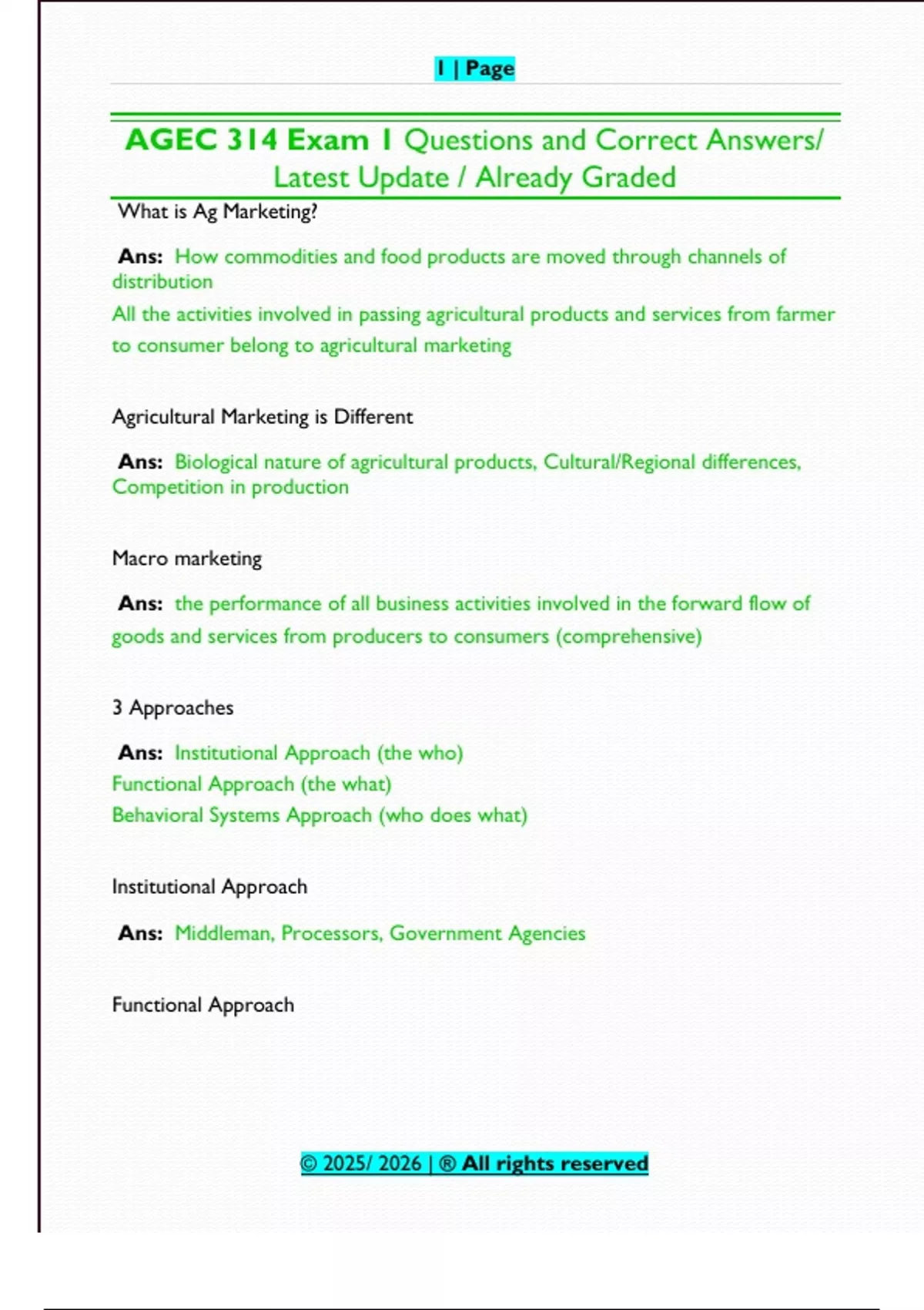 AGEC 314 – Agricultural Marketing | Exam 1 Questions and Correct ...